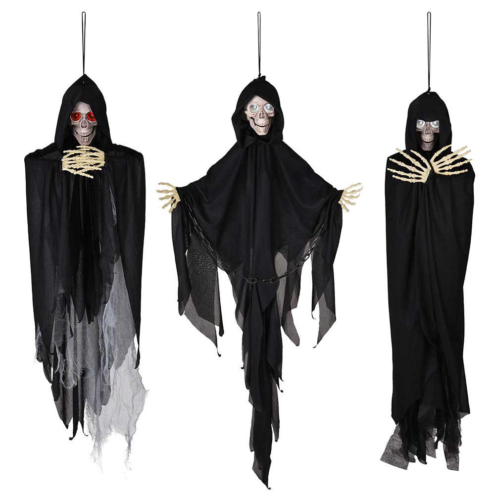 The Holiday Aisle® 3pcs Animated Hanging Skeleton Ghost Lit Eyes ...