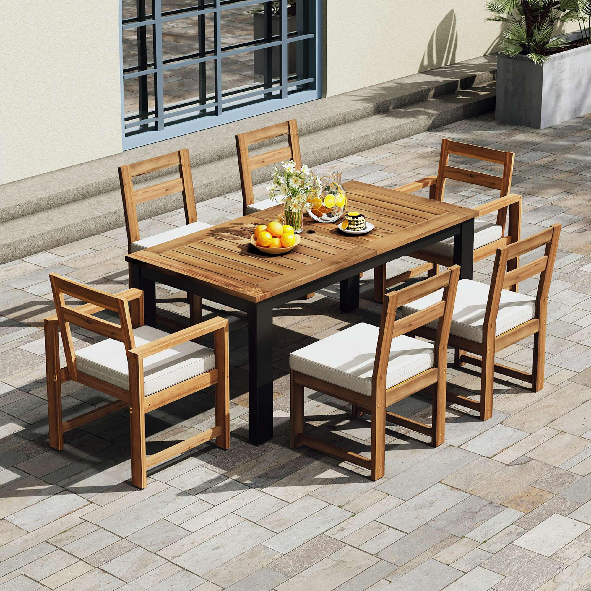 17 Stories 7 Piece Patio Table and Chairs Set, Wood Dining Table Set ...