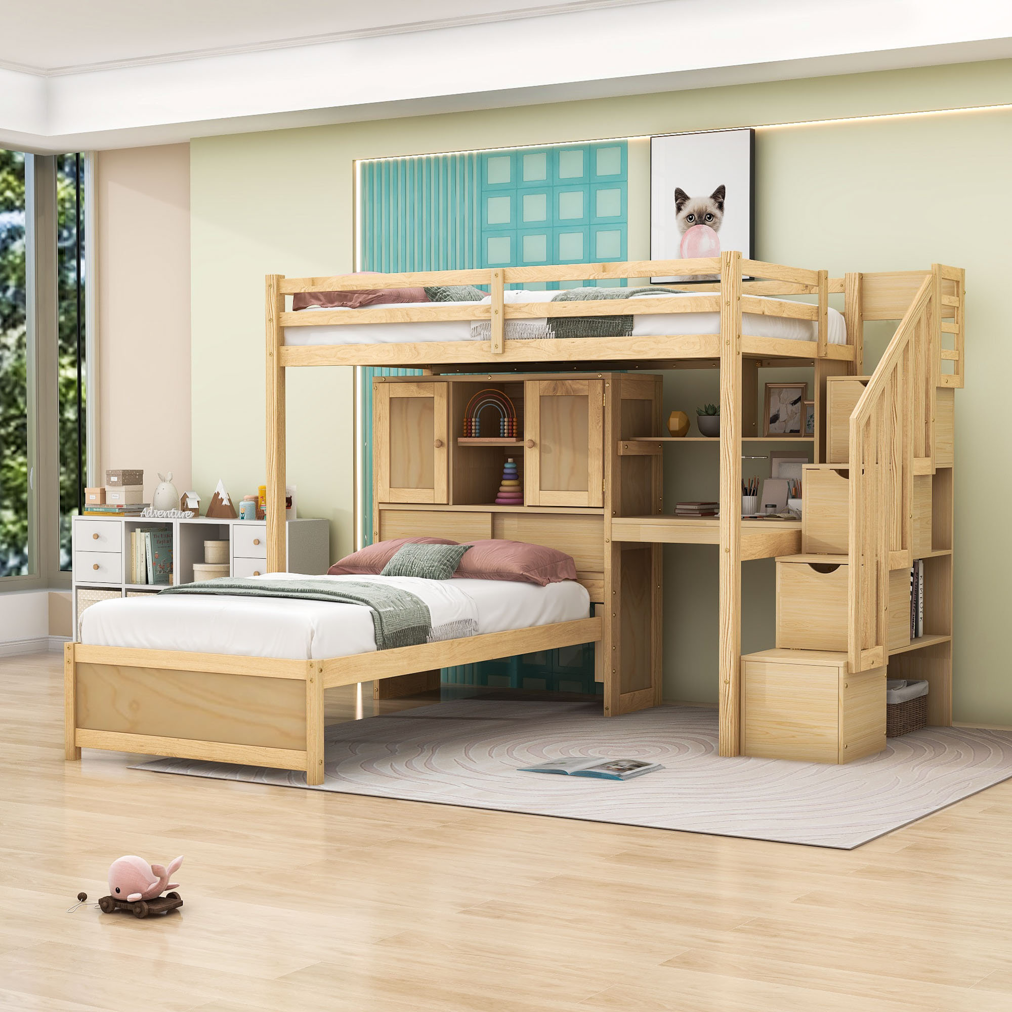 Harriet Bee Twin Over Twin Wood Loft Bed With Built-In Desk And ...