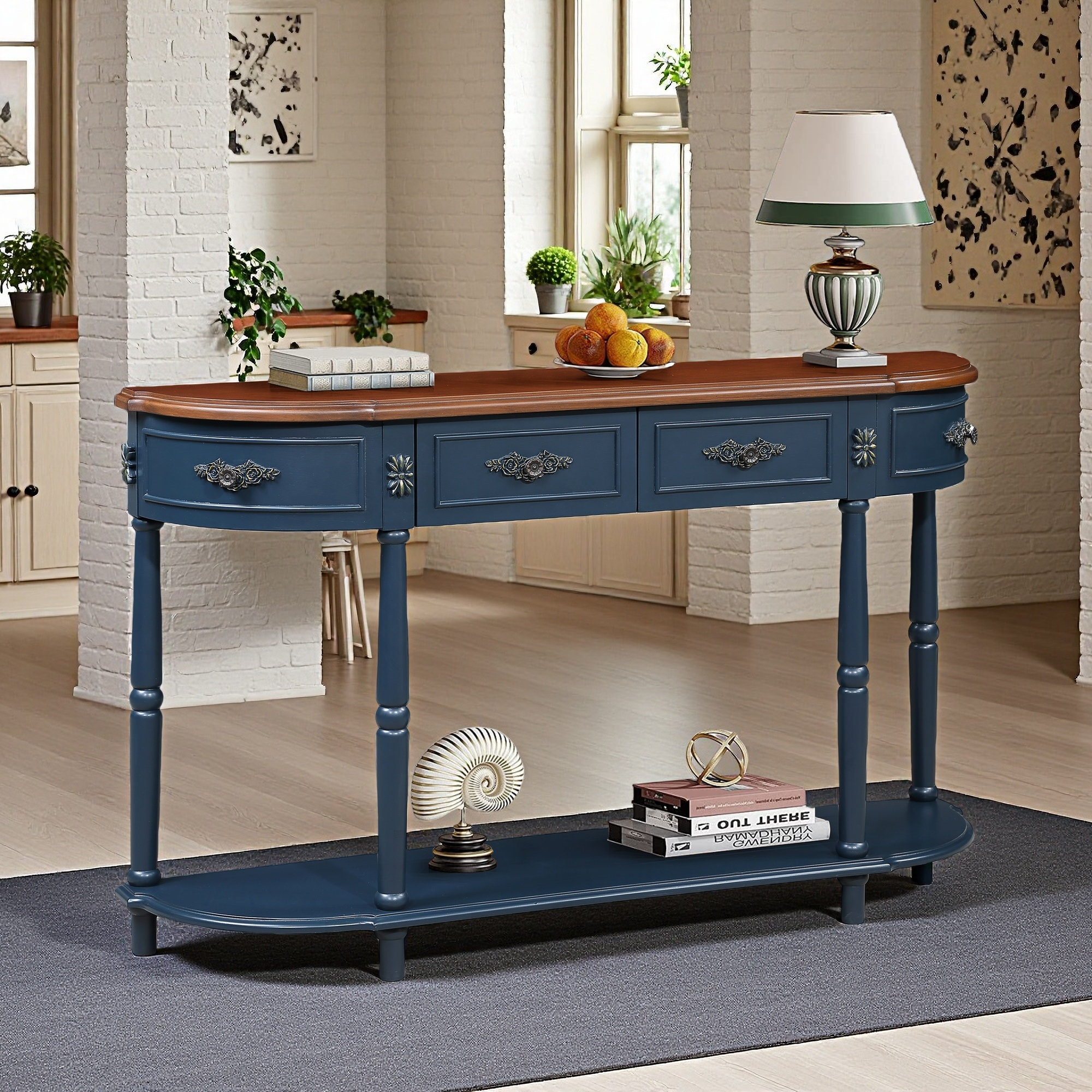 Canora Grey Retro Curved Wood Console Table, 52 Inch Circular Half Moon ...