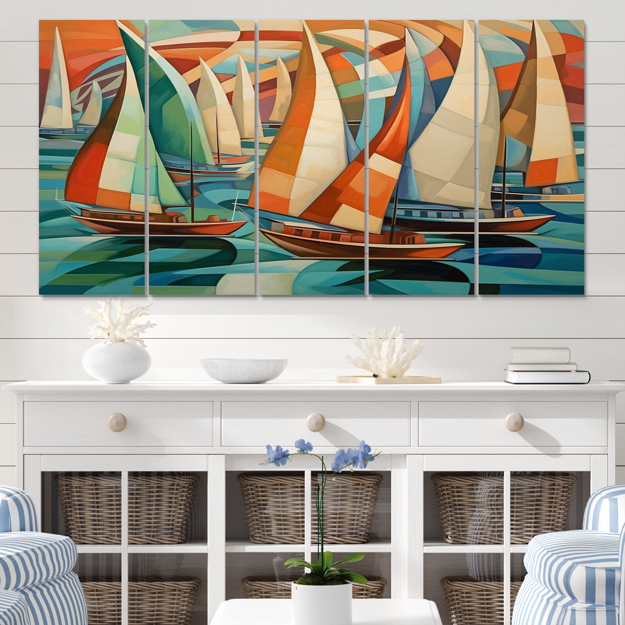 Longshore Tides Abstract Sailboats At Sunset Cubist Minimalism II ...