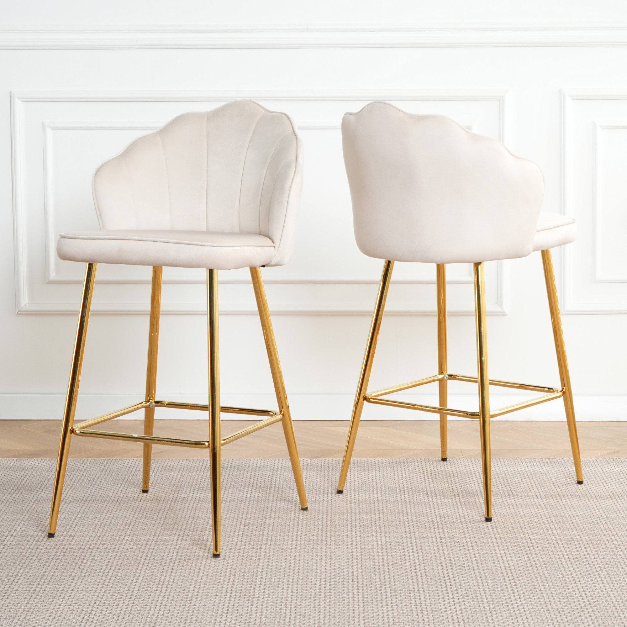 Everly Quinn Shell Shape Velvet Bar Chair, Gold-Plated Metal Chair Legs ...