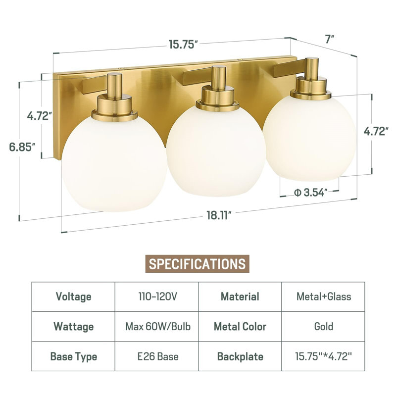 Mercer41 3-Light Bathroom Light Fixtures,Brushed Gold Vanity Light ...