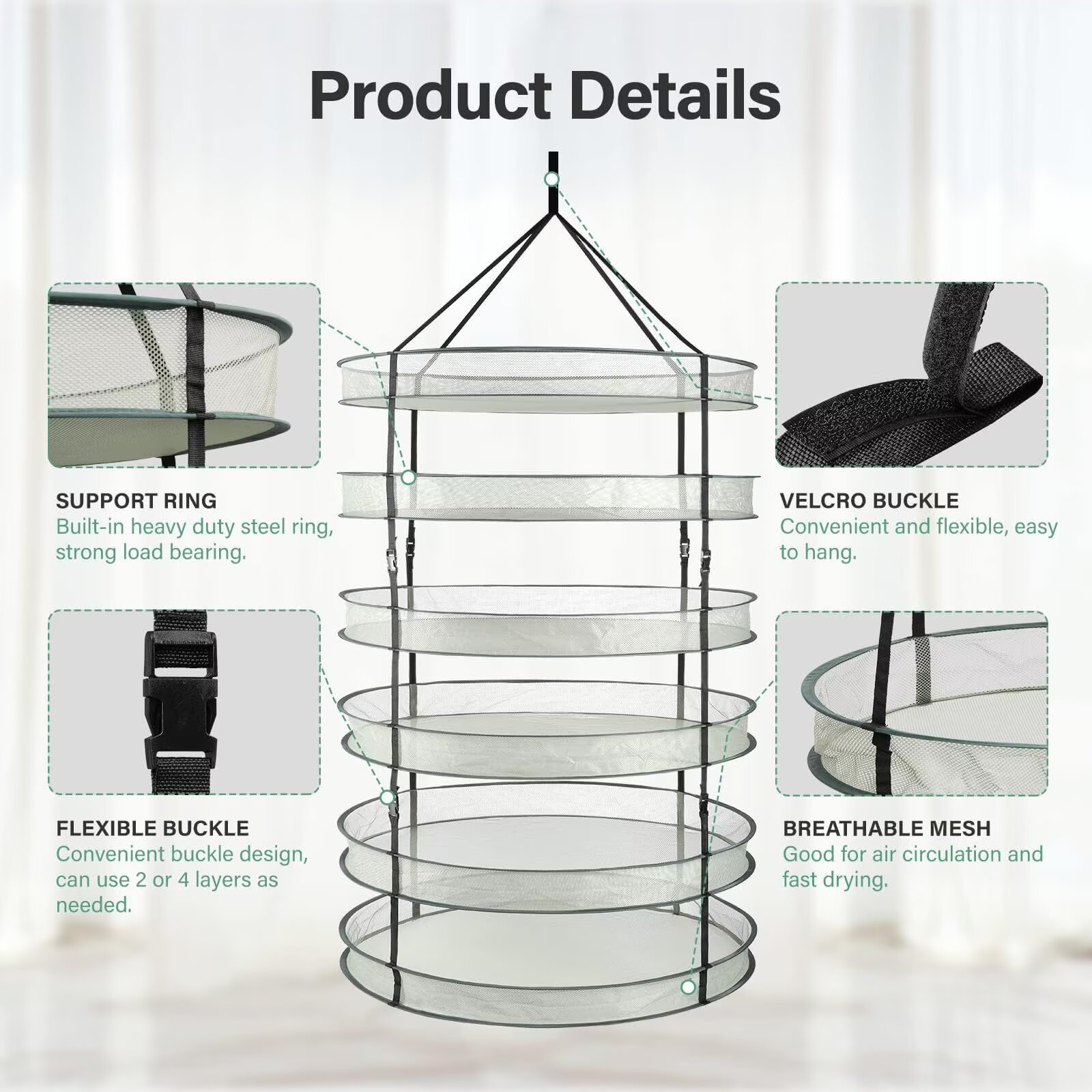 iPower 3 Feet 6 Layer Herb Drying Rack Hanging Foldable Dry Net with ...