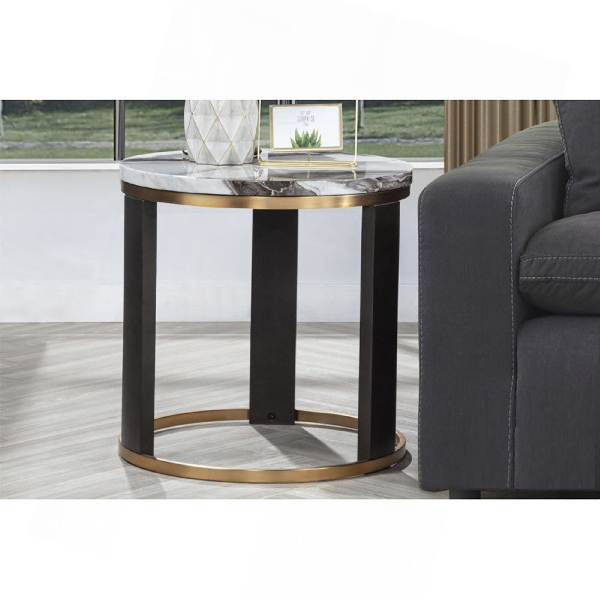 Latitude Run® 24" Round Icelandic Ivory Faux Marble End Table, Living ...