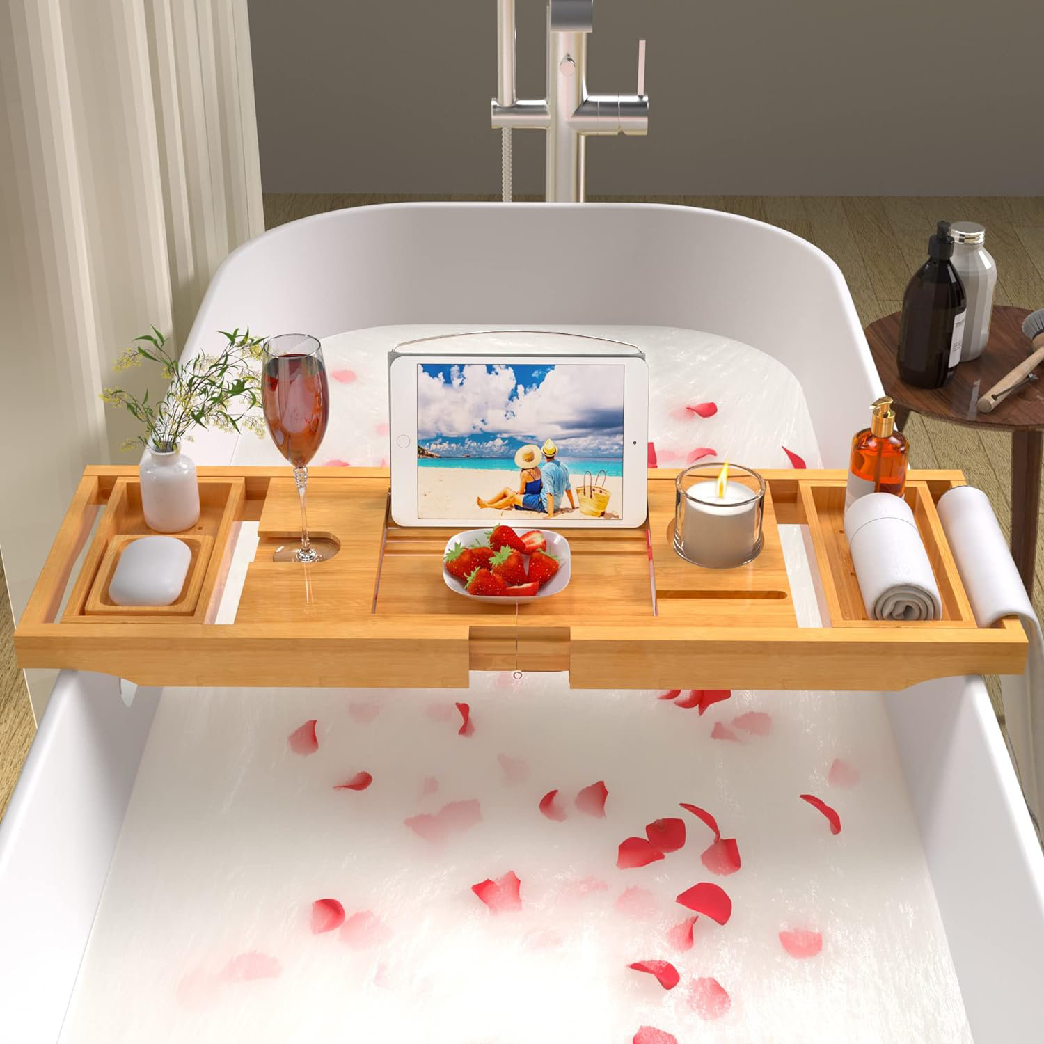 Latitude Run® Caddy Tray For Tub, Foldable Bamboo Bath Table Tray With ...