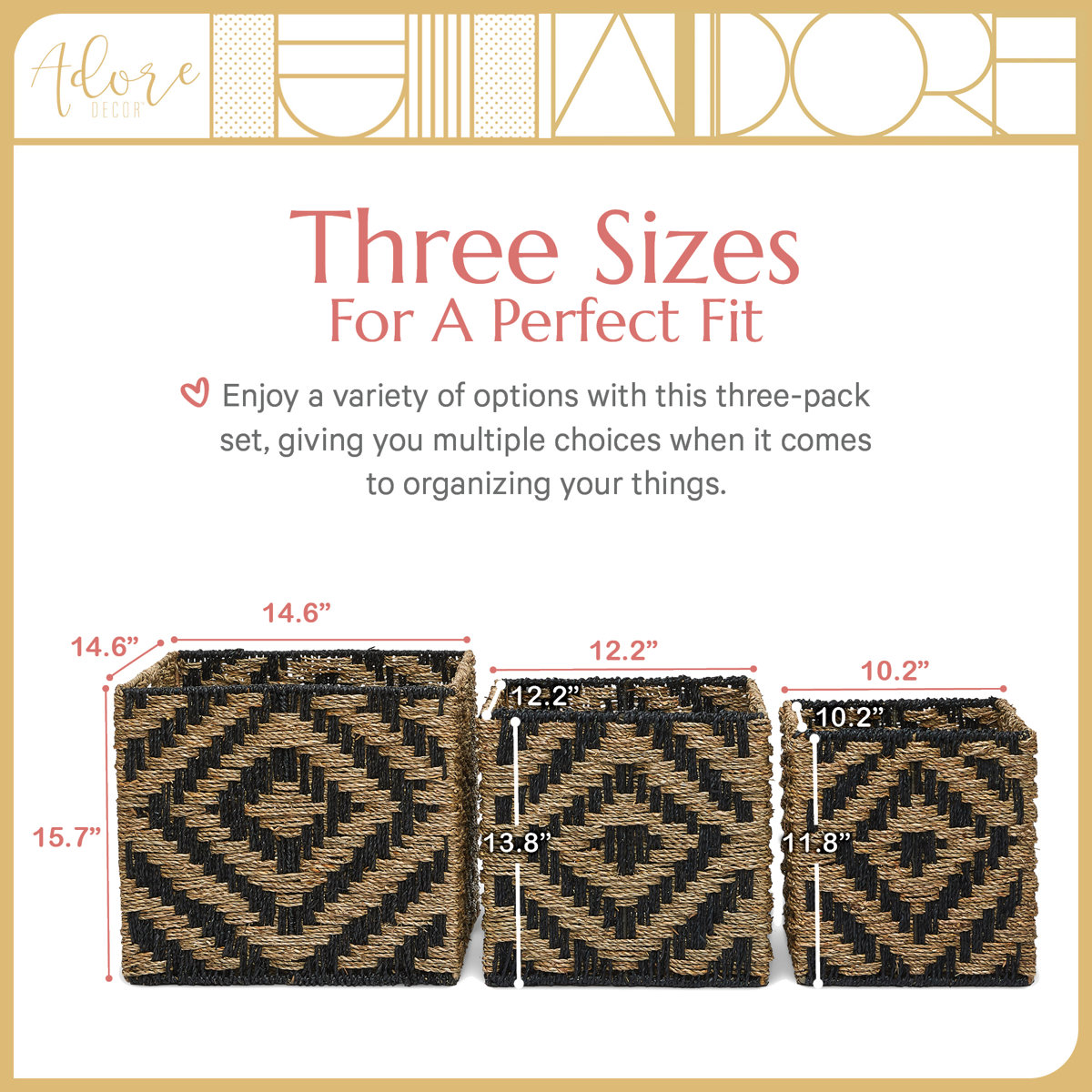 Adore Decor 3 Pieces Decor Botswana Two Tone Woven Basket | Wayfair
