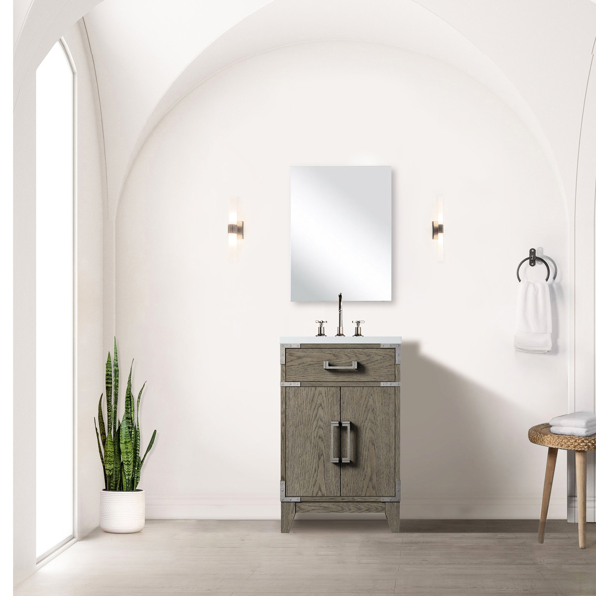 George Oliver Grey Oak Bath Vanity 20 In. W X 18 D - Acrylic Top, Included Faucet, Soft Close ...