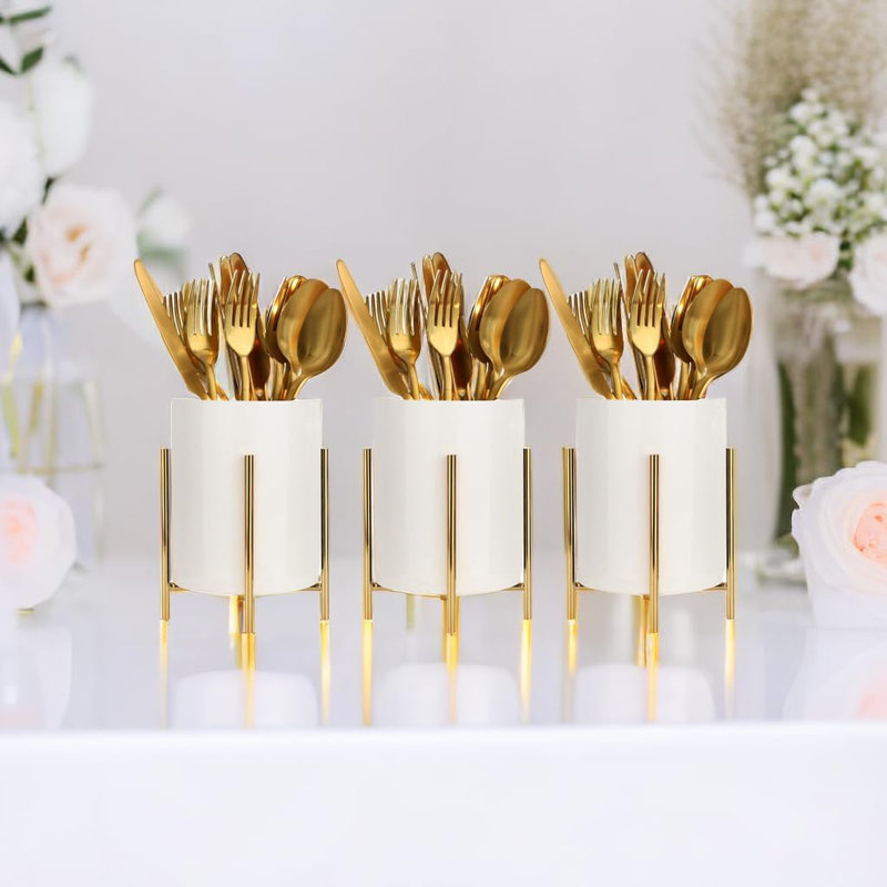 CORKURE White Ceramic Silverware Caddy With Golden Metal Frame | Wayfair