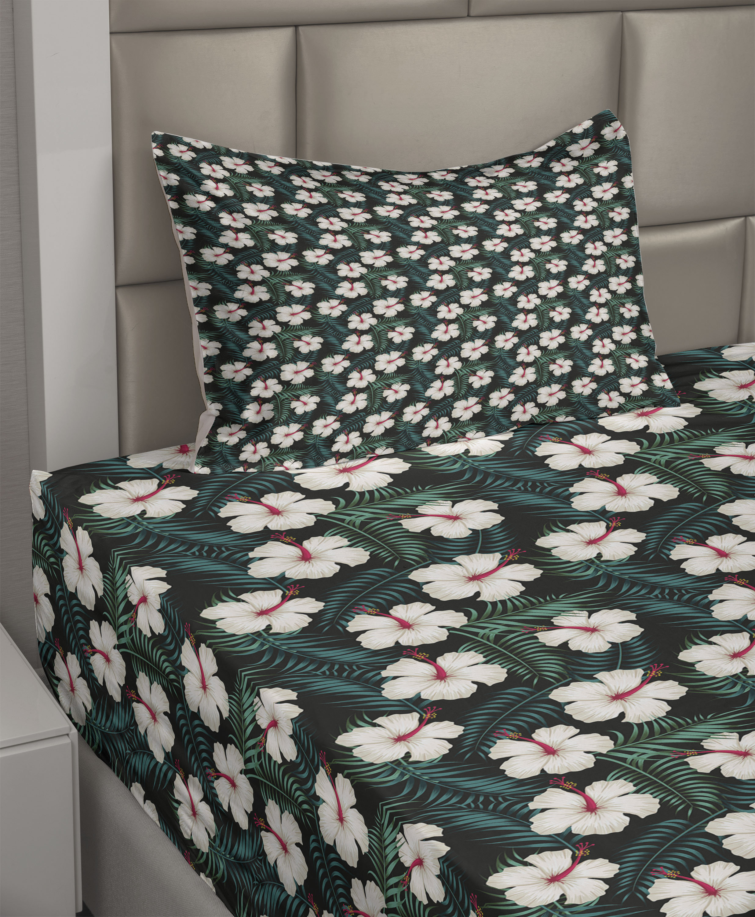 Ambesonne Tropical Sheet Set Hibiscus Monochrome Back Cadet Blue and ...