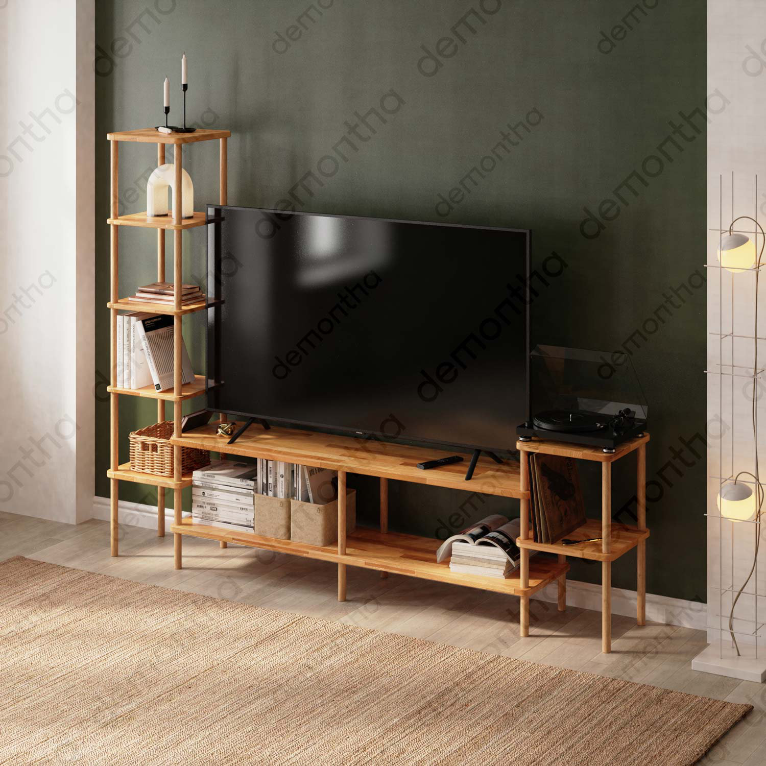 Demontha Hudson Wooden TV Stand With Asymmetrical Bookshelves, Open ...