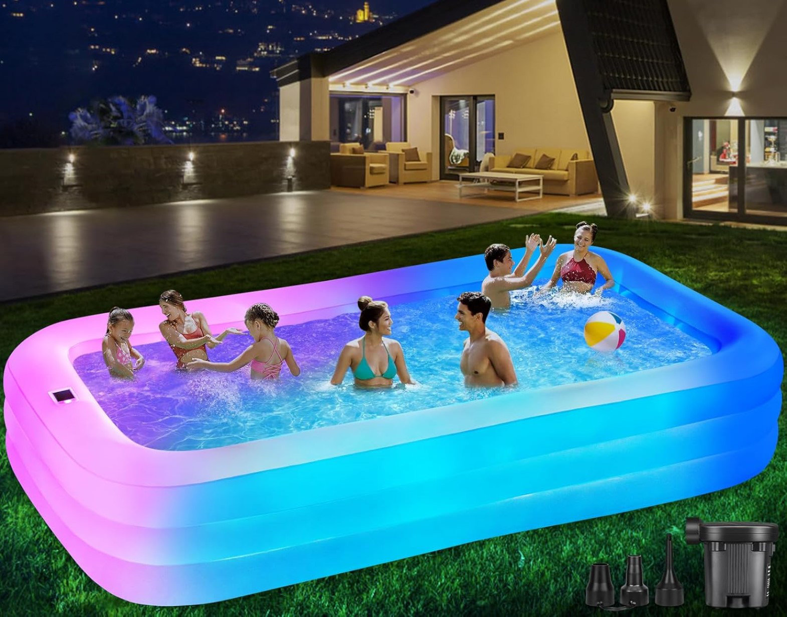 BONLOD Large Solar Inflatable Pool With Lights 130"X72"X22" Blow-Up ...