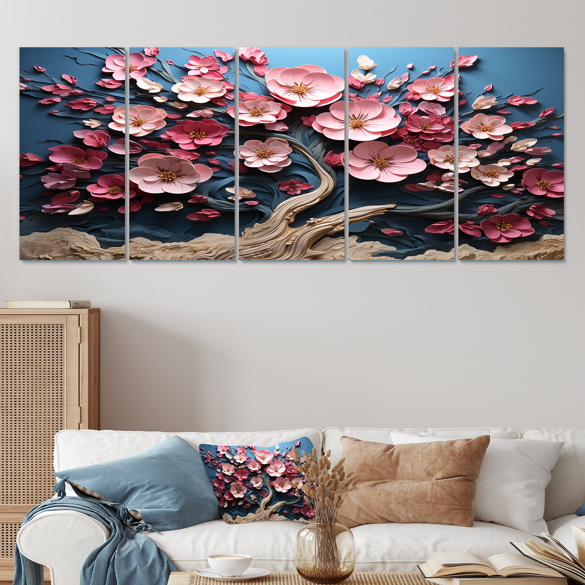 Winston Porter Dynamic White And Pink Petals Tree I - Tree 5 Piece Wall ...