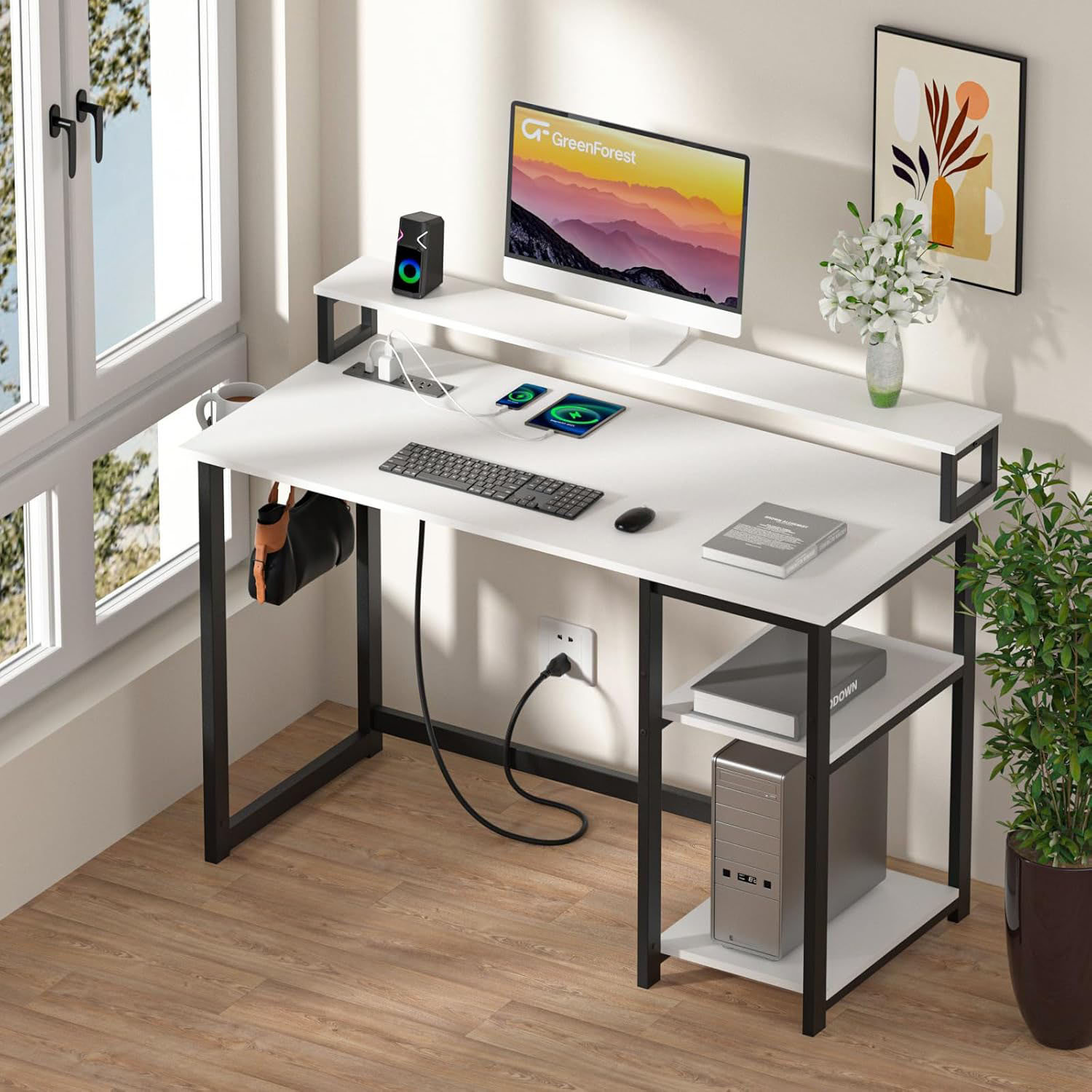 Inbox Zero Computer Desk With USB Charging Port And Power Outlet ...