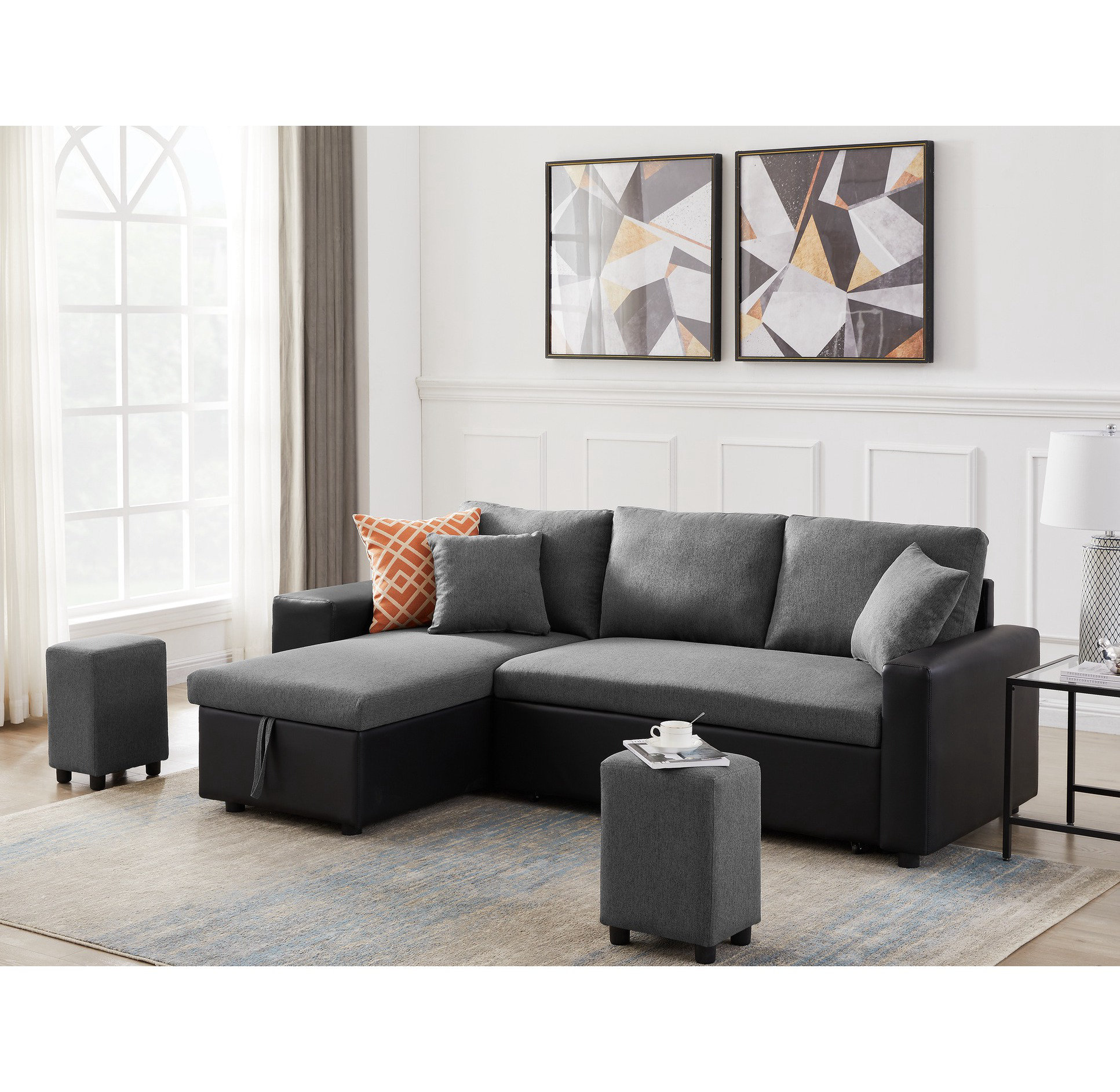 Ebern Designs Artemax Linen Reversible Sleeper Sectional Sofa with ...