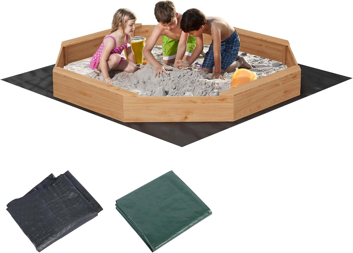 gaomon Wooden Octagon Sandbox With Cover, Outdoor Sand Box With 4 Bench ...