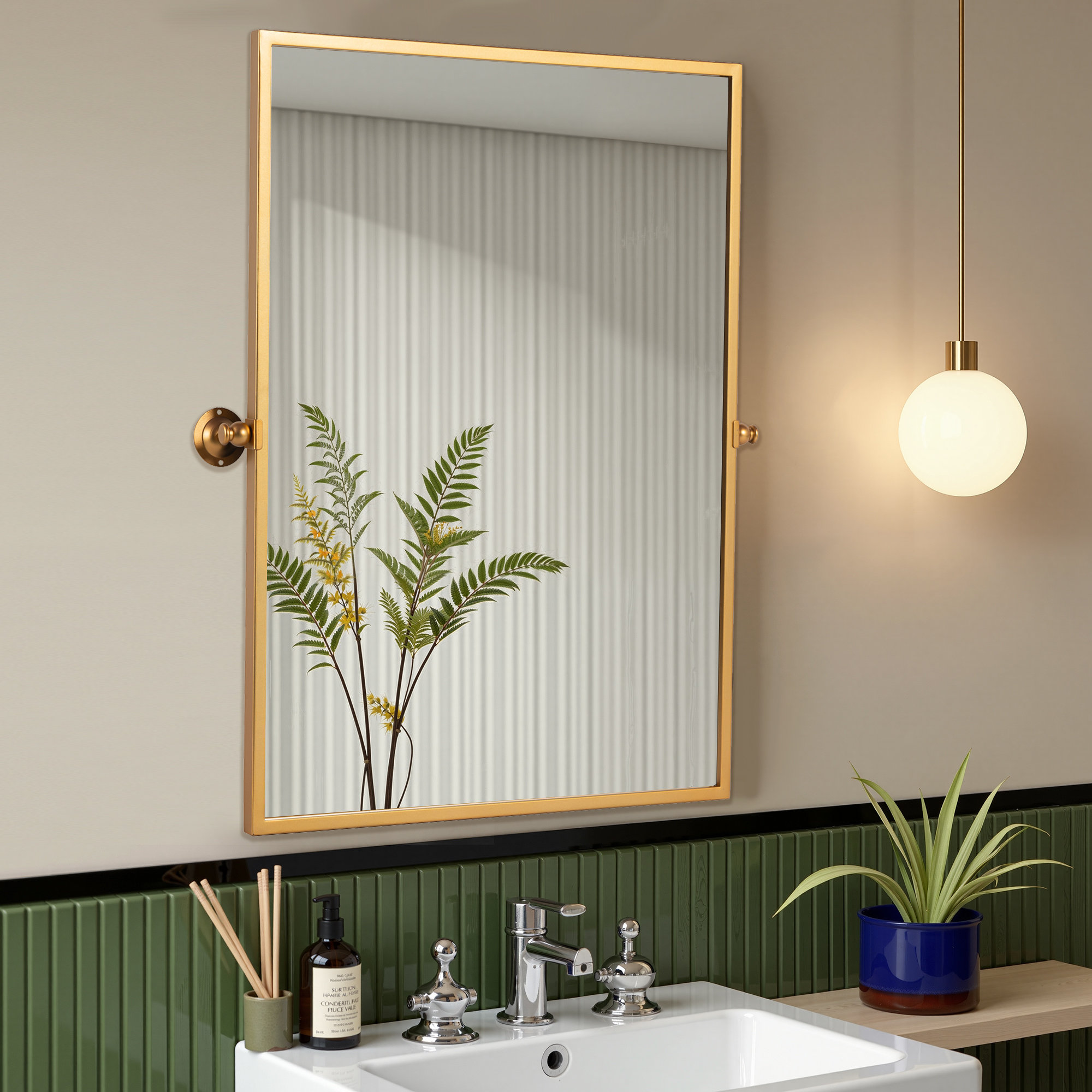 Mercer41 24"x36" Modern Rectangle Rotating Mirror, Golden Metal Framed ...