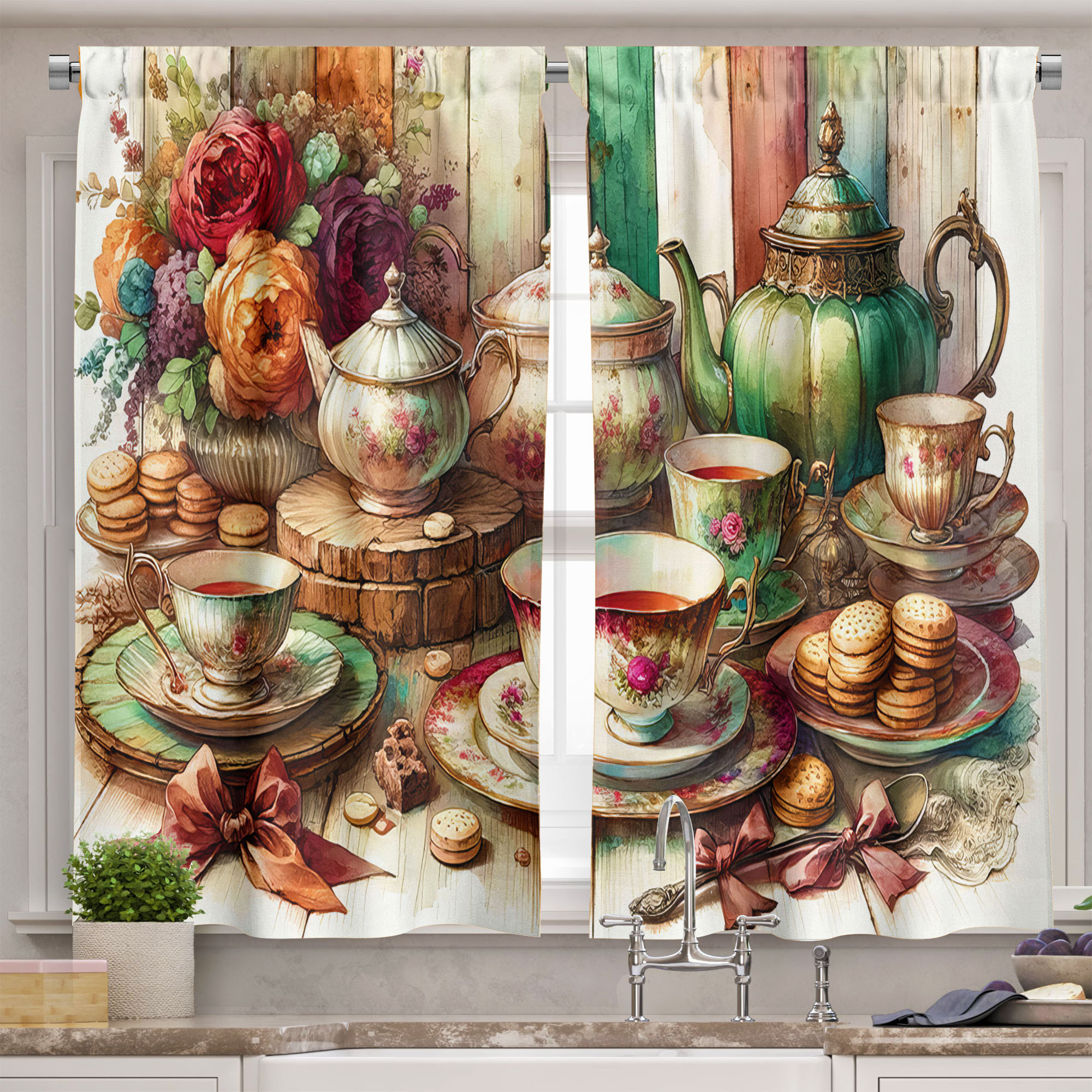 Ambesonne Tea Time Valance & Curtain Cottagecore Teapots Print Sea ...