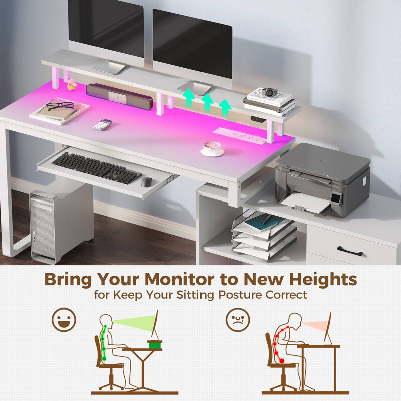 Ivy Bronx Ameliore 55.1" L Shaped Computer Desk with File Drawer, LED ...