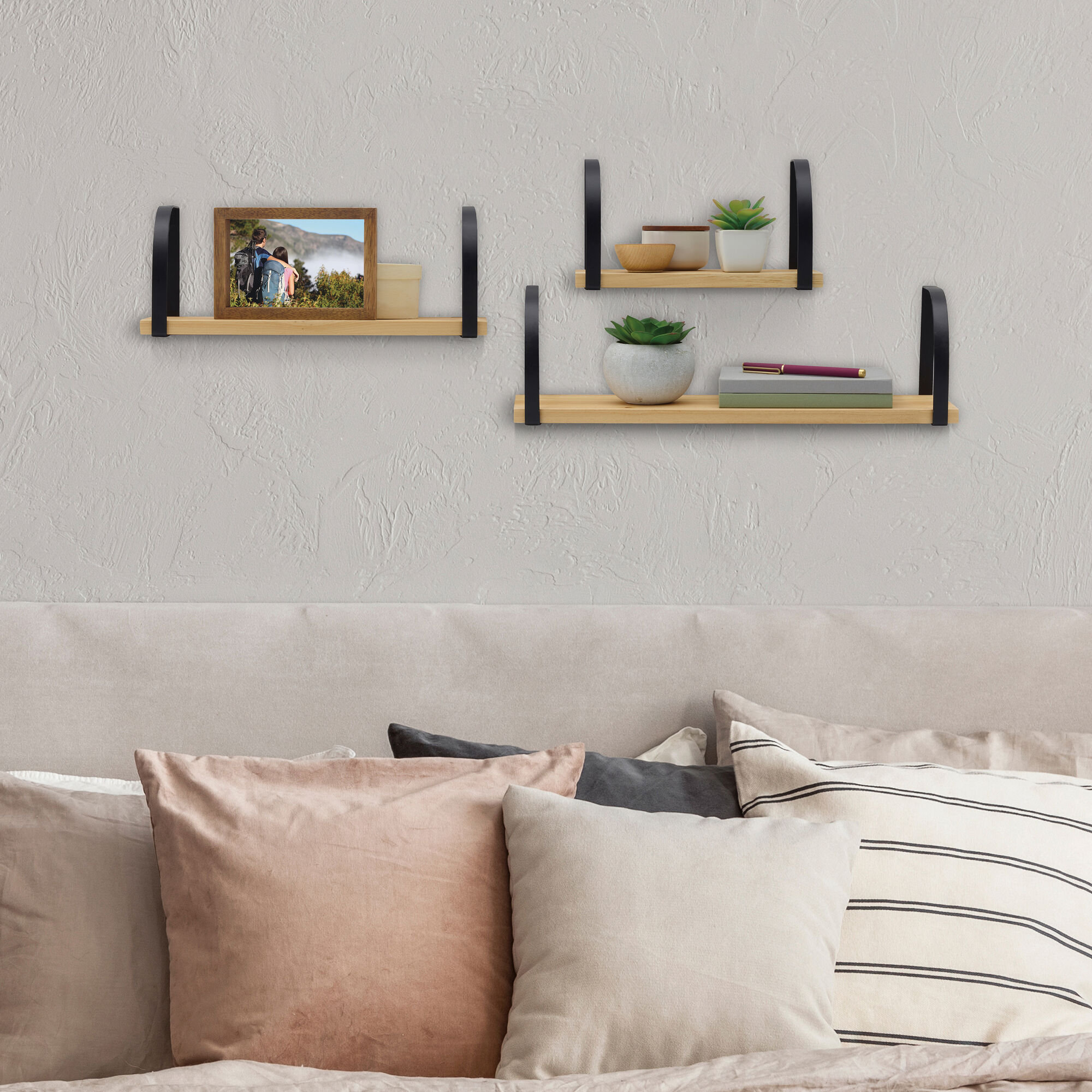 MELANNCO 3 Pieces Floating Wall, Wood and Curve Metal Shelves, Natural ...