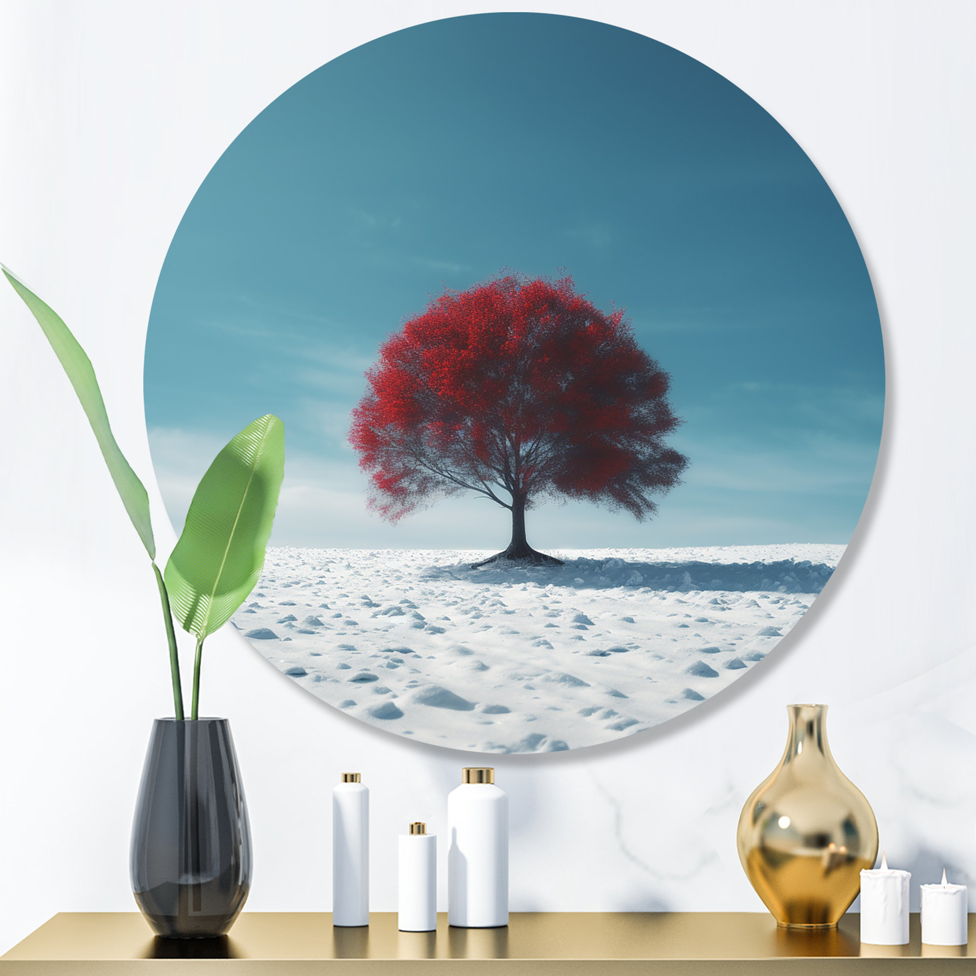 Red Barrel Studio Dalhart Red Tree In Snow I - Tree Floral Round Metal ...