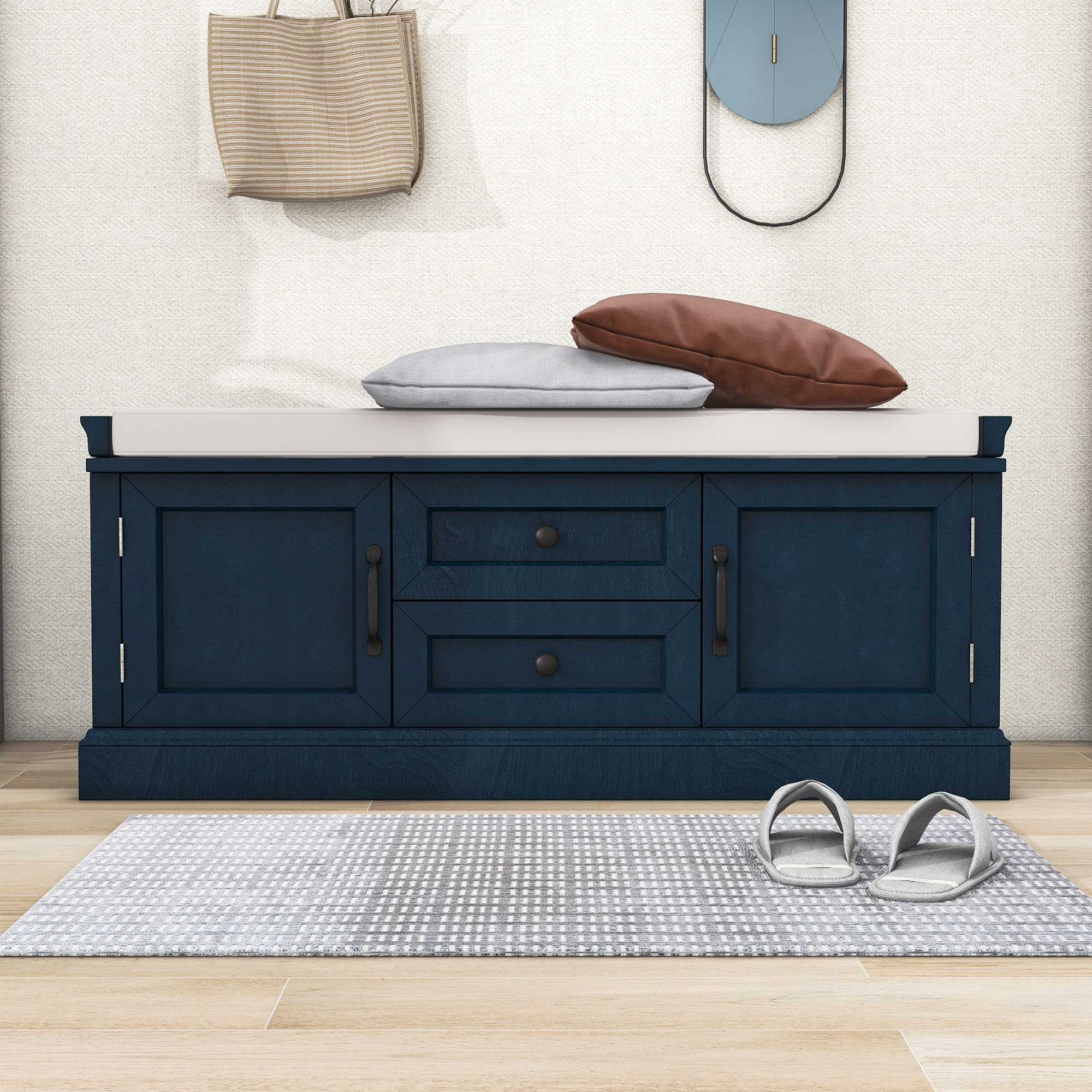 Red Barrel Studio Entryway Storage Bench with Cushion, Dual Cabinets ...