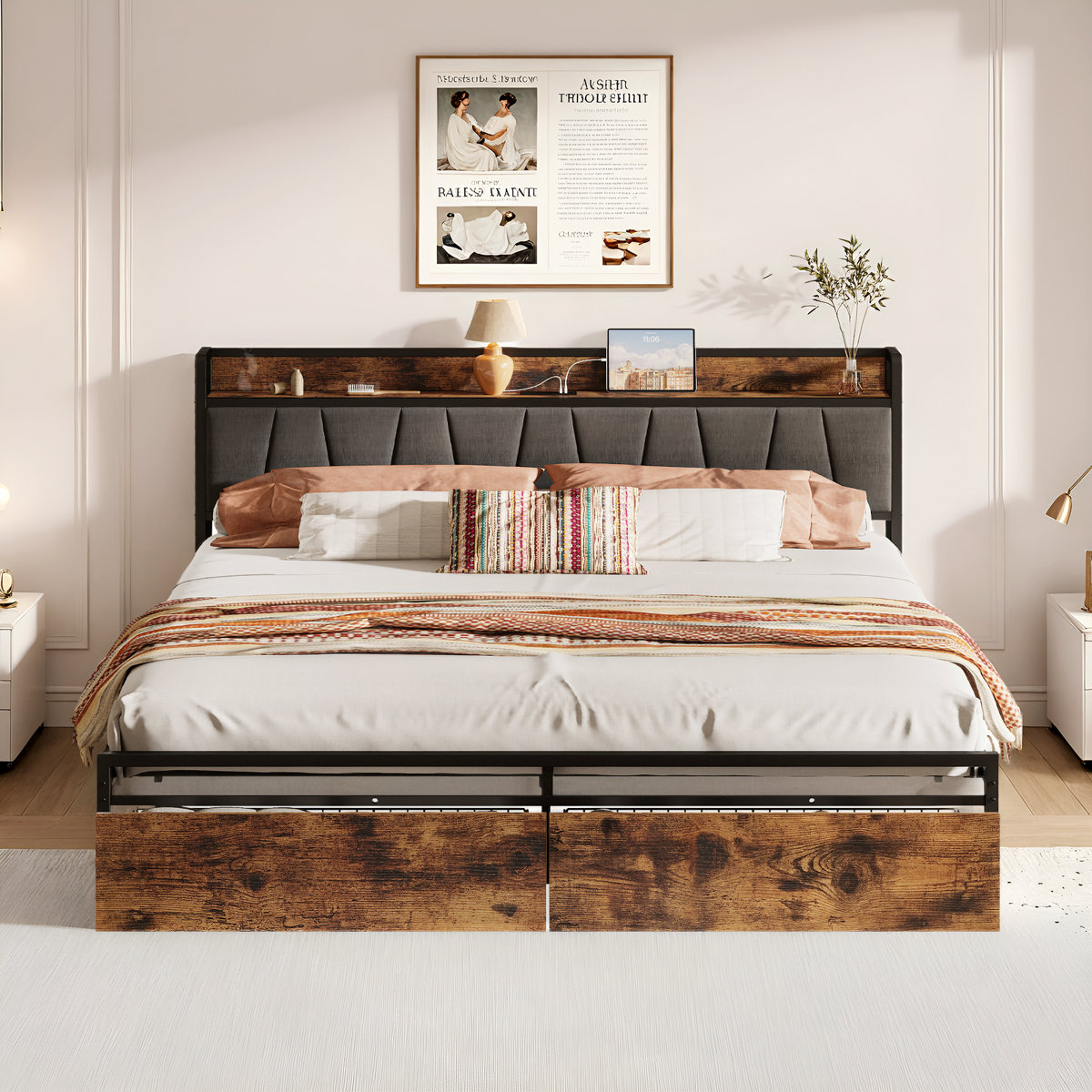 17 Stories Brown-grey California King Size Bed Frame, Charging Head ...