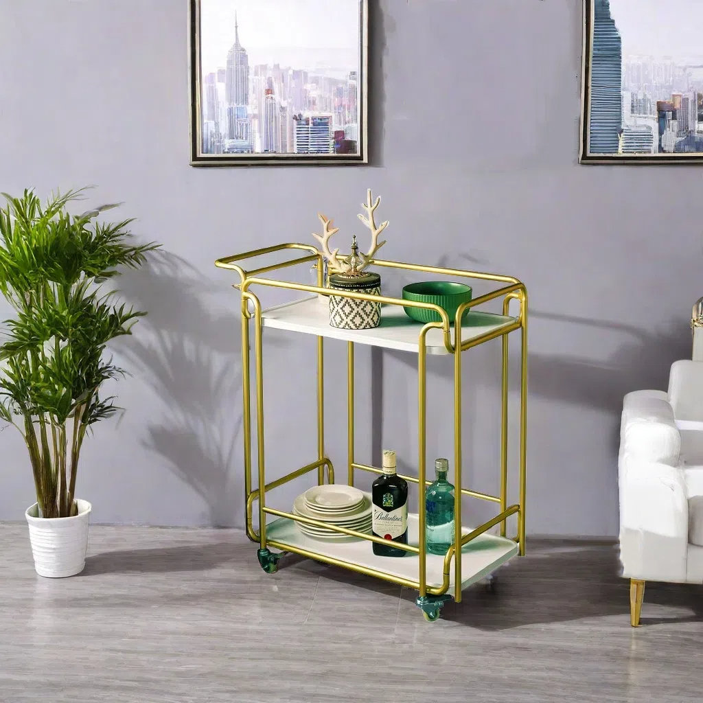 Everly Quinn Gold Bar Cart For Home , Bar Metal Serving Carts, White ...