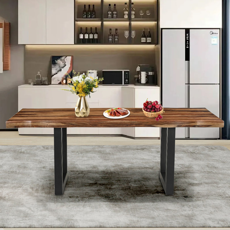 17 Stories Solid Wood Top Metal Base Dining Table | Wayfair