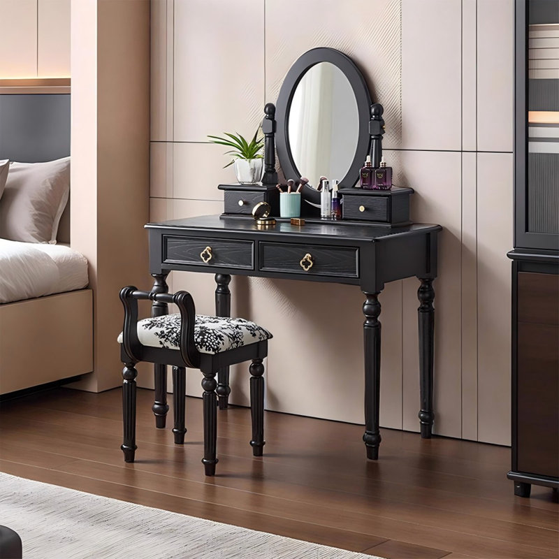 Canora Grey 35.43"Retro Black Solid Wood Dressing Table | Wayfair