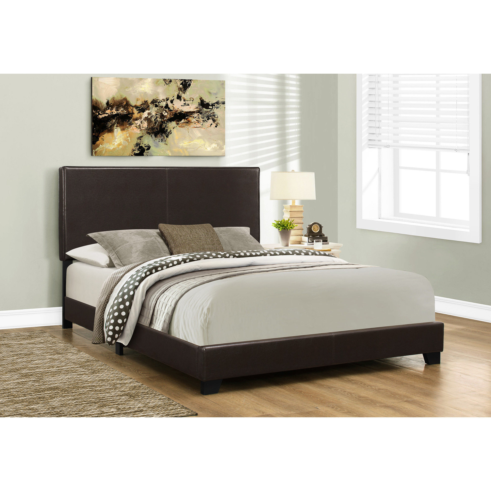 Ebern Designs Bedroom Queen Bed With Brown Faux Leather Upholstered ...