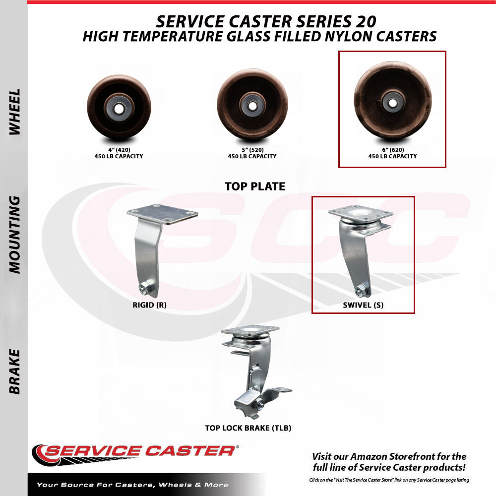 Service Caster 6 Inch High Temp Glass Filled Nylon Wheel Swivel Caster ...