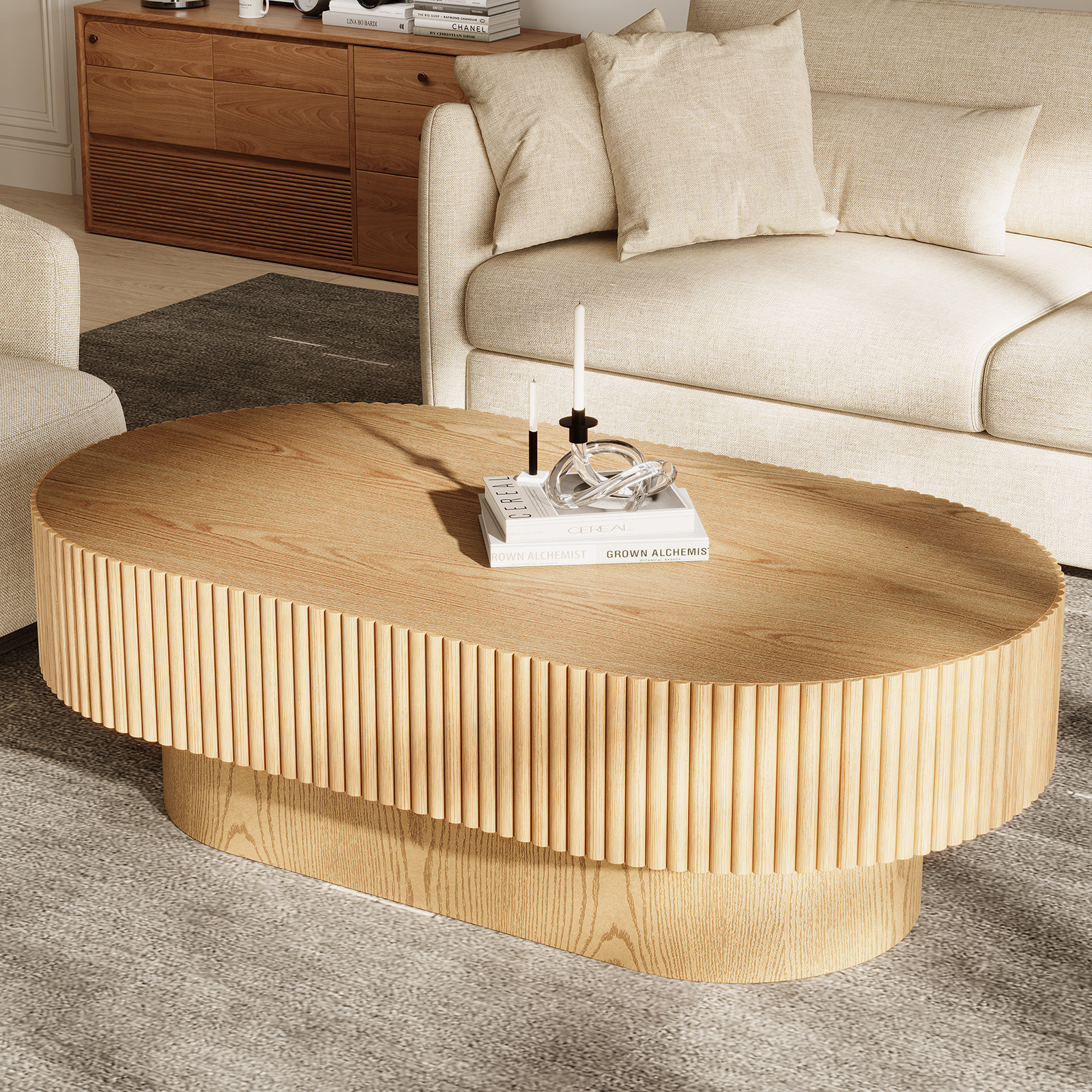 Hermes 43.7'' W Solid Wood Oval Coffee Table with Fluted Design ...