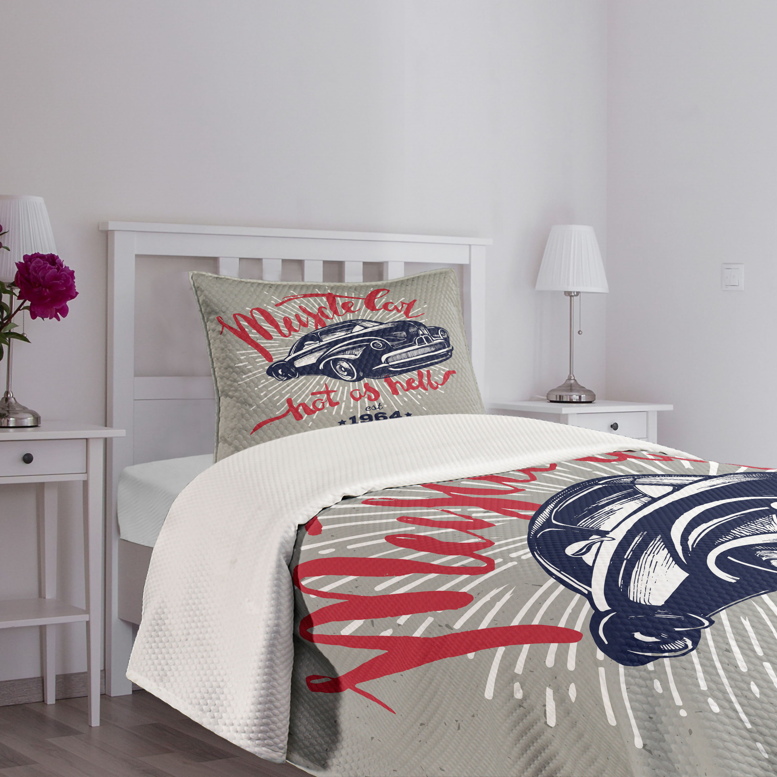 Ambesonne Cars Bedspread Muscle Car Hot as Hell Navy Blue Red Pale Grey ...