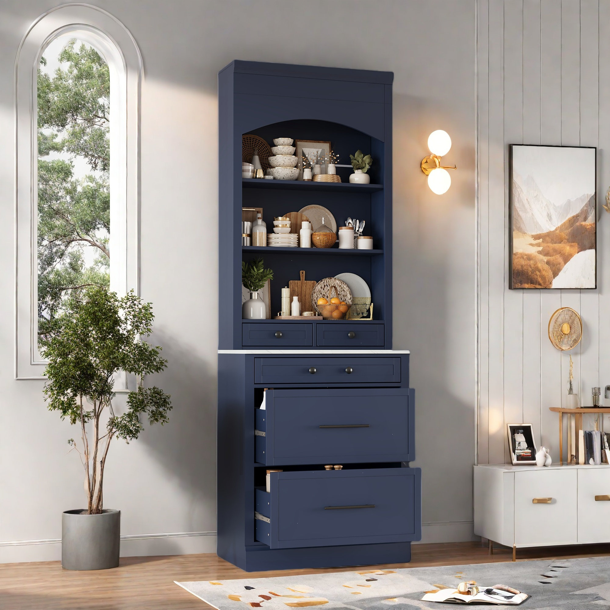 Ivy Bronx Modern High Kitchen Pantry With Faux Marble Top, 5 Drawers ...