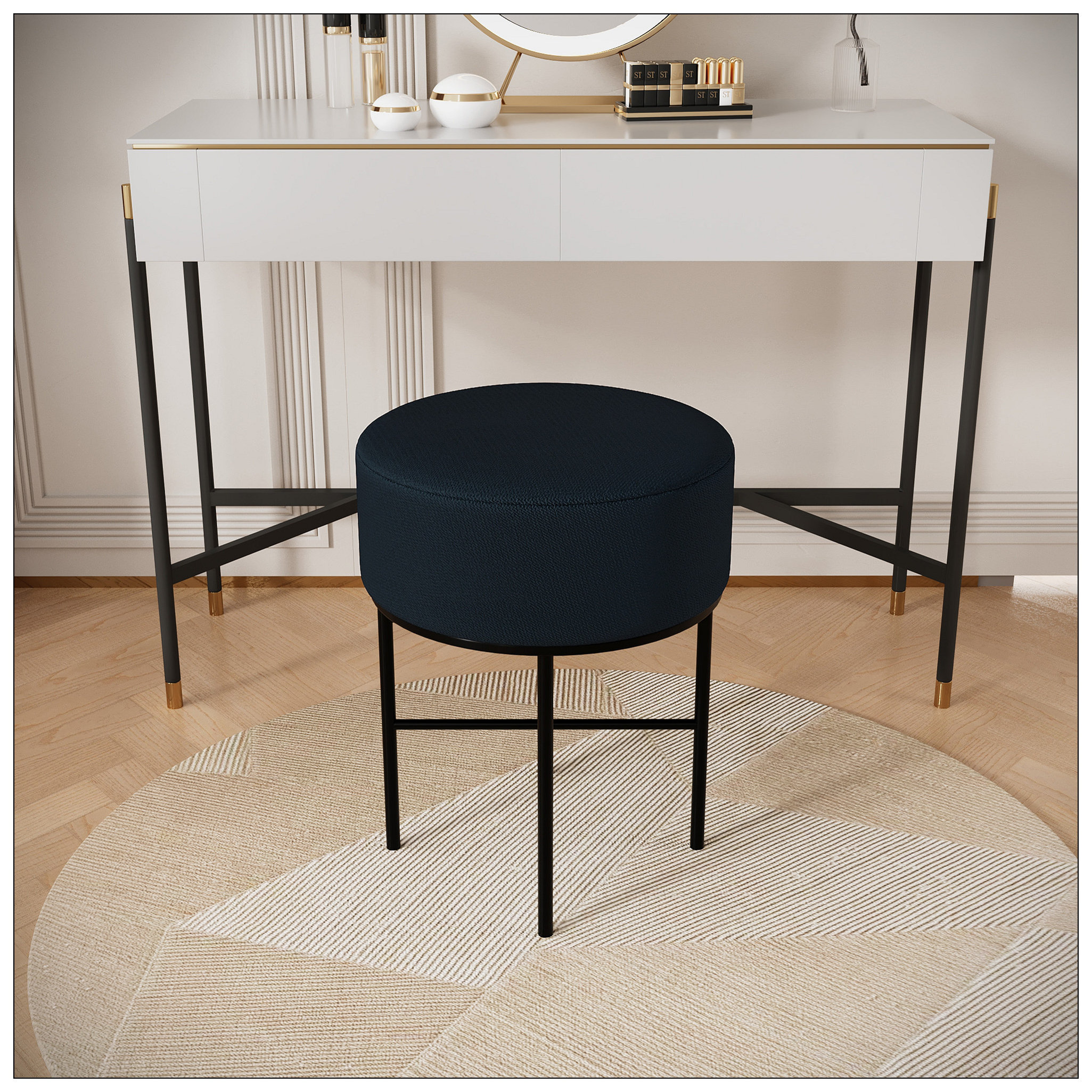 Everly Quinn 2 Pcs Round Cushioned Vanity Stool, Linen Upholstered ...