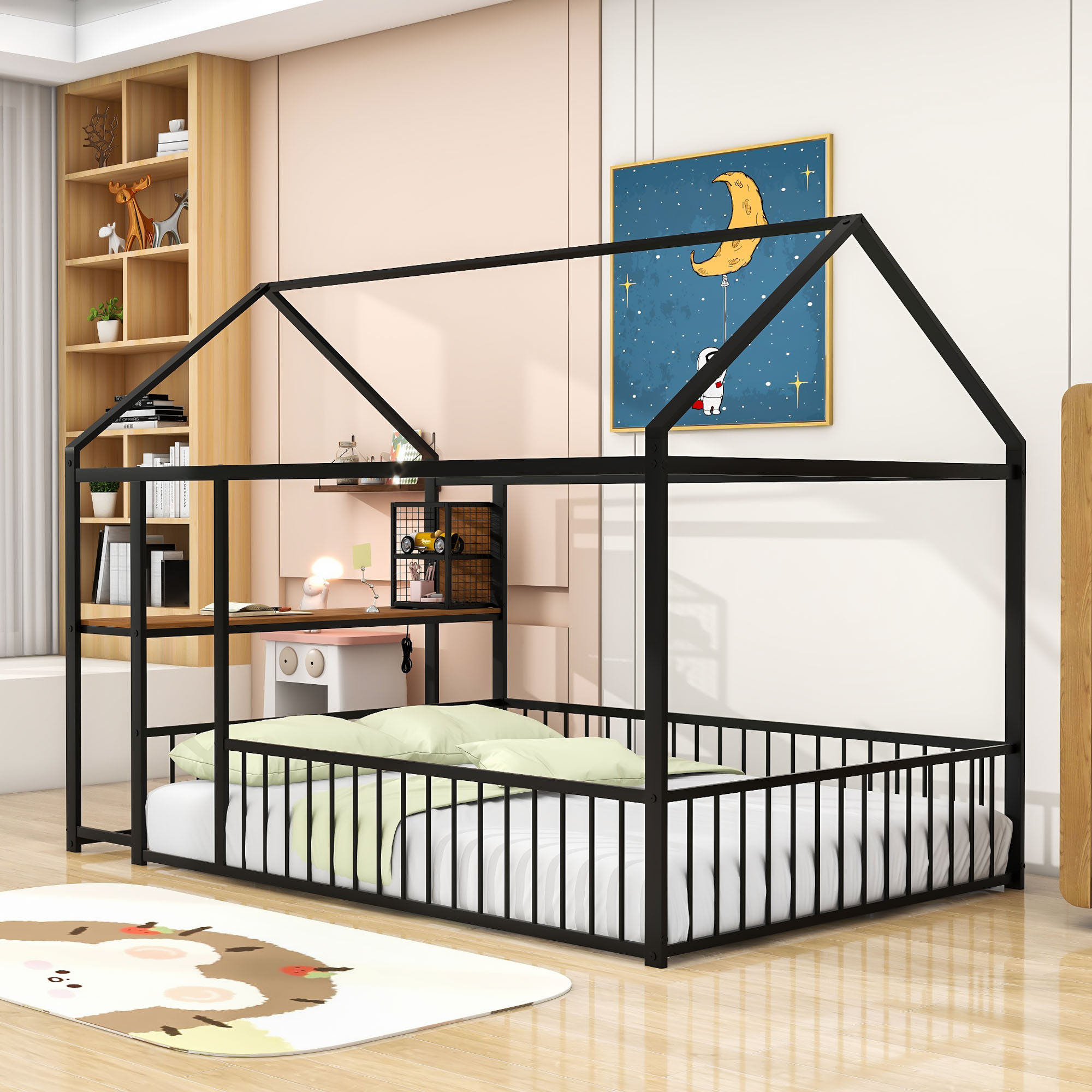 Harper Orchard Metal Frame House Platform Bed with Desk and Shelves ...