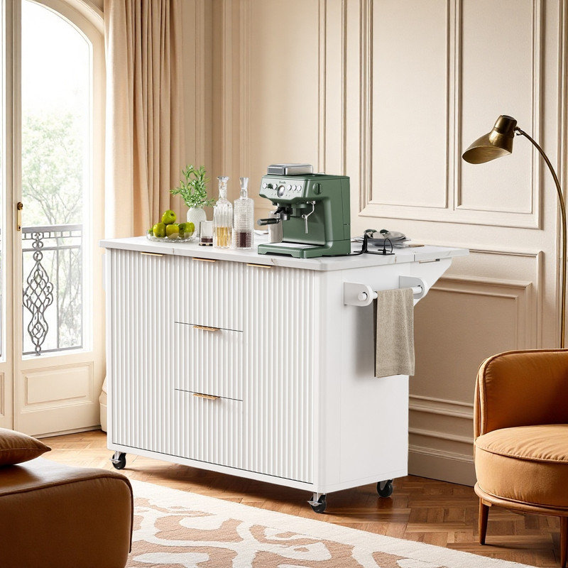 Ebern Designs Kitchen Island with Drop Leaf & 3 Storage Drawers and 2 ...