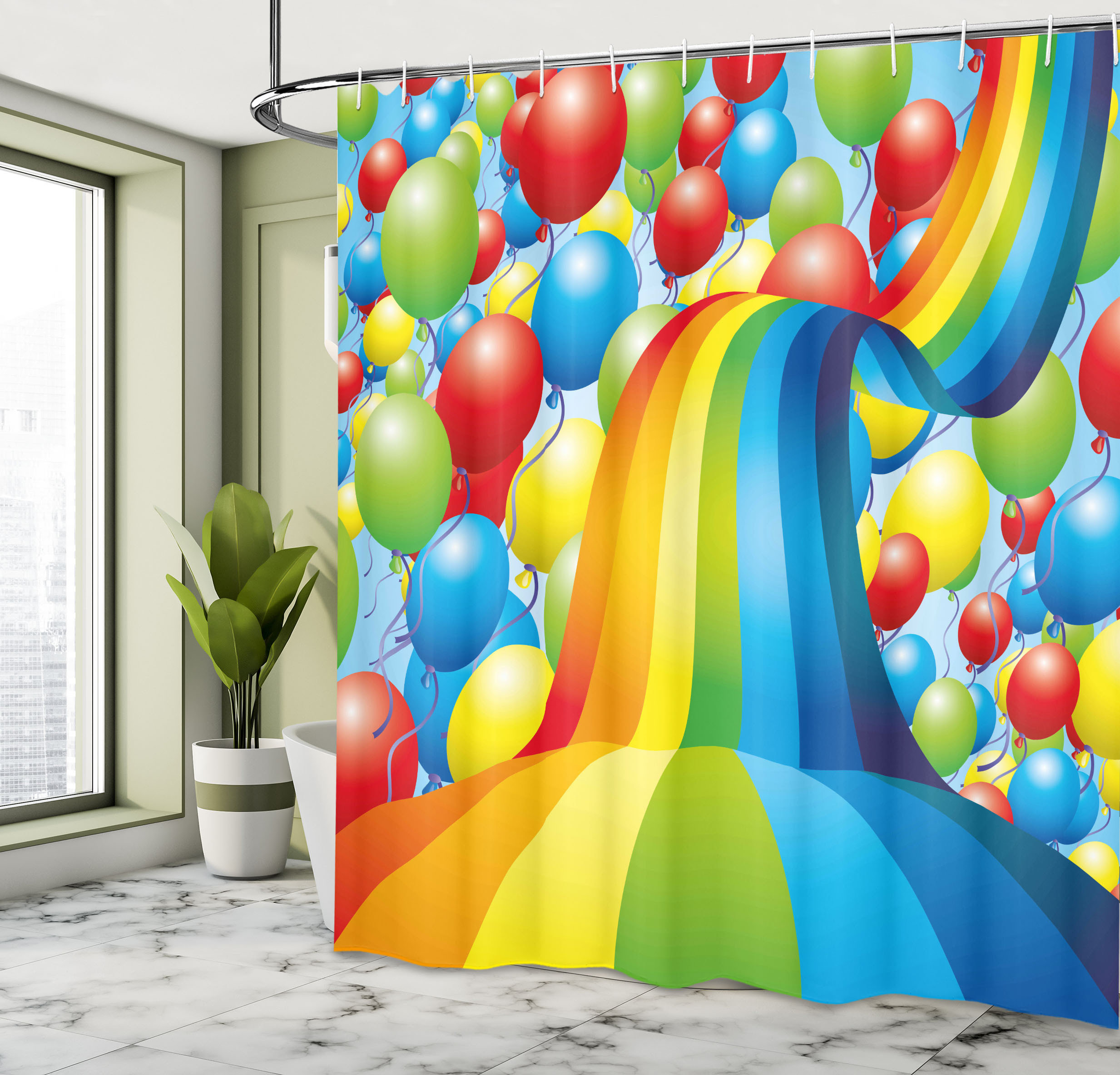 East Urban Home Quach Rainbow Shower Curtain Balloons Ribbons Wavy Multicolor | Wayfair