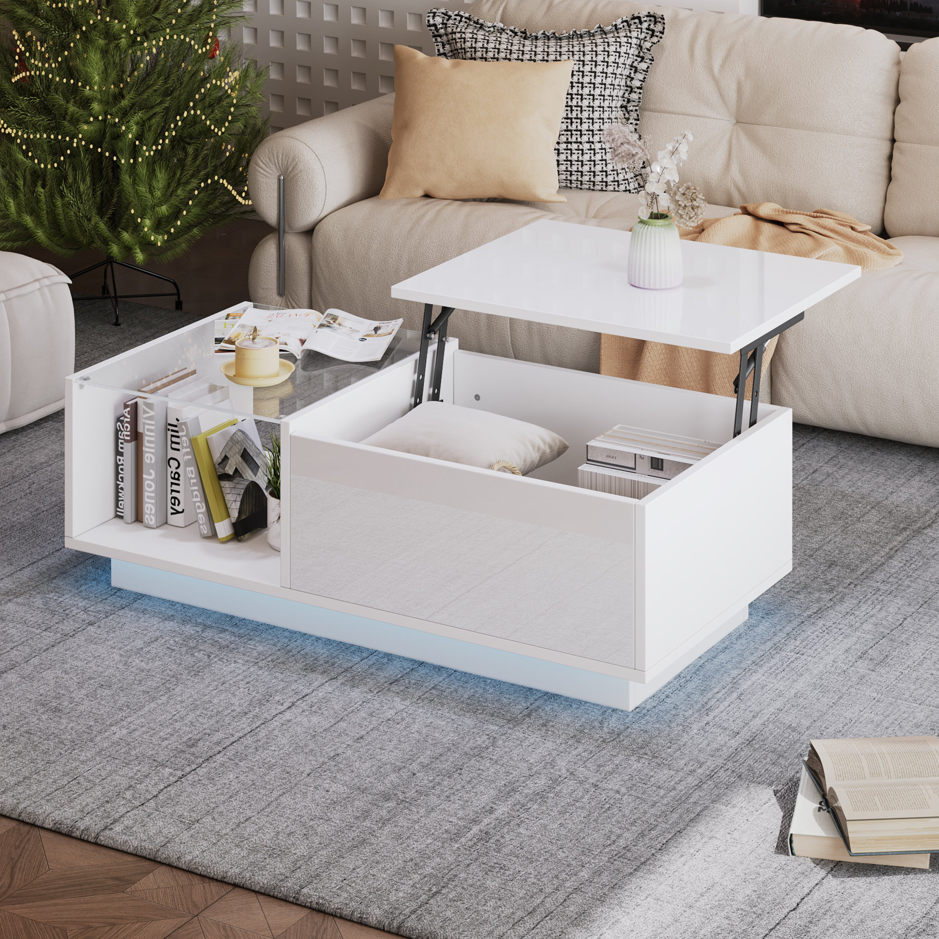 Ivy Bronx Modern White Lift-Top Coffee Table With LED Lighting And ...