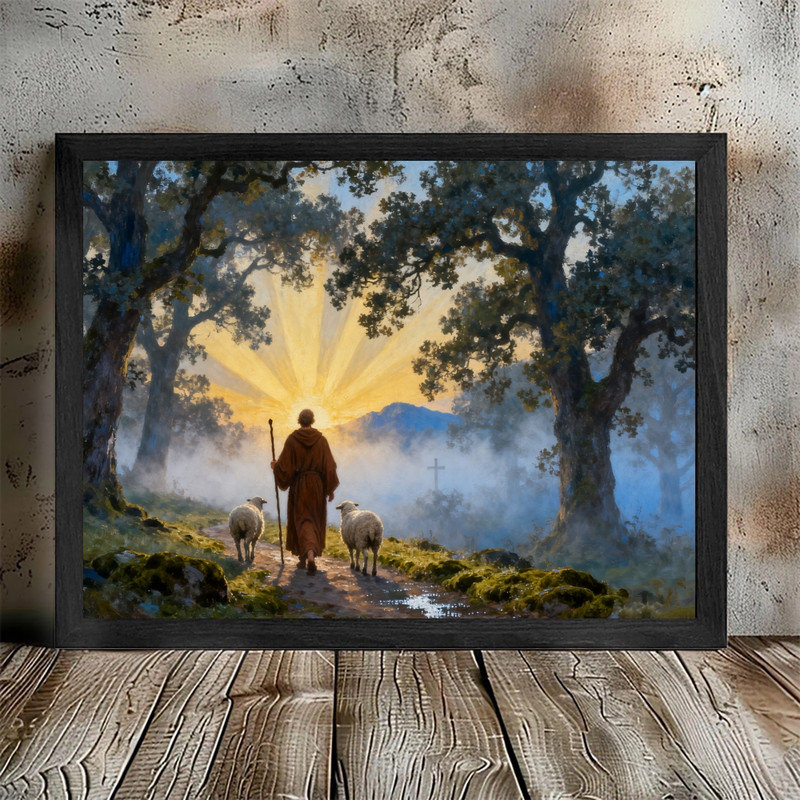 17 Stories Black Framed Shepherd & Sheep Divine Light Path Art ...