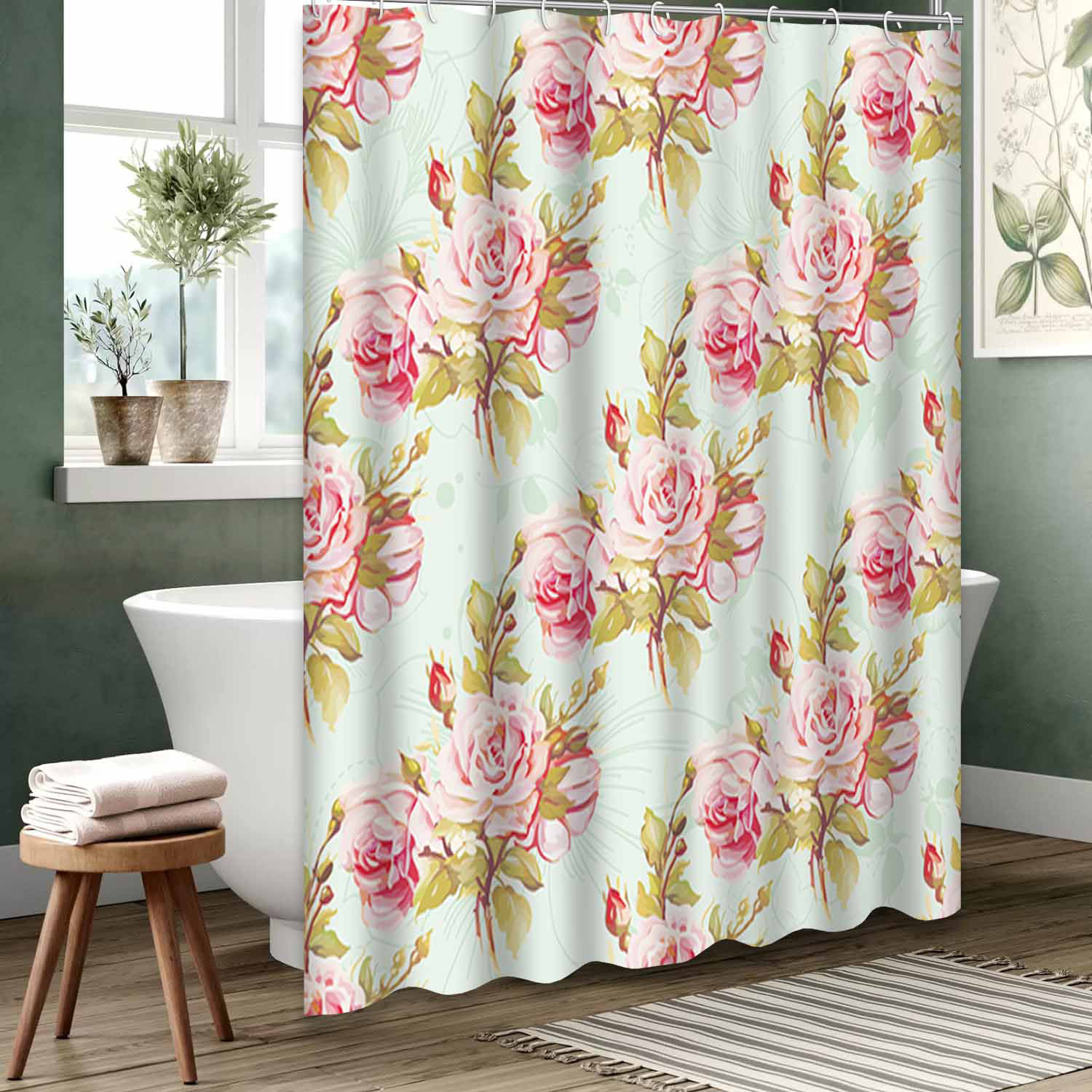 East Urban Home Pink Roses Waterproof Shower Curtain - Vintage Floral ...