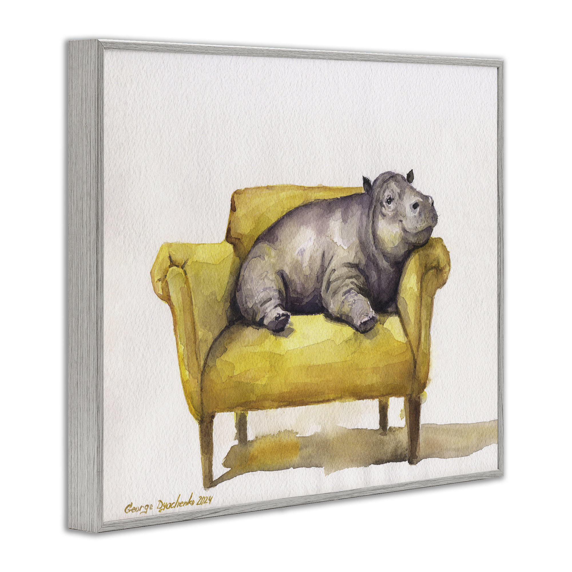 Ebern Designs Hippo on Yellow Chair Giclee Art by George Dyachenko ...