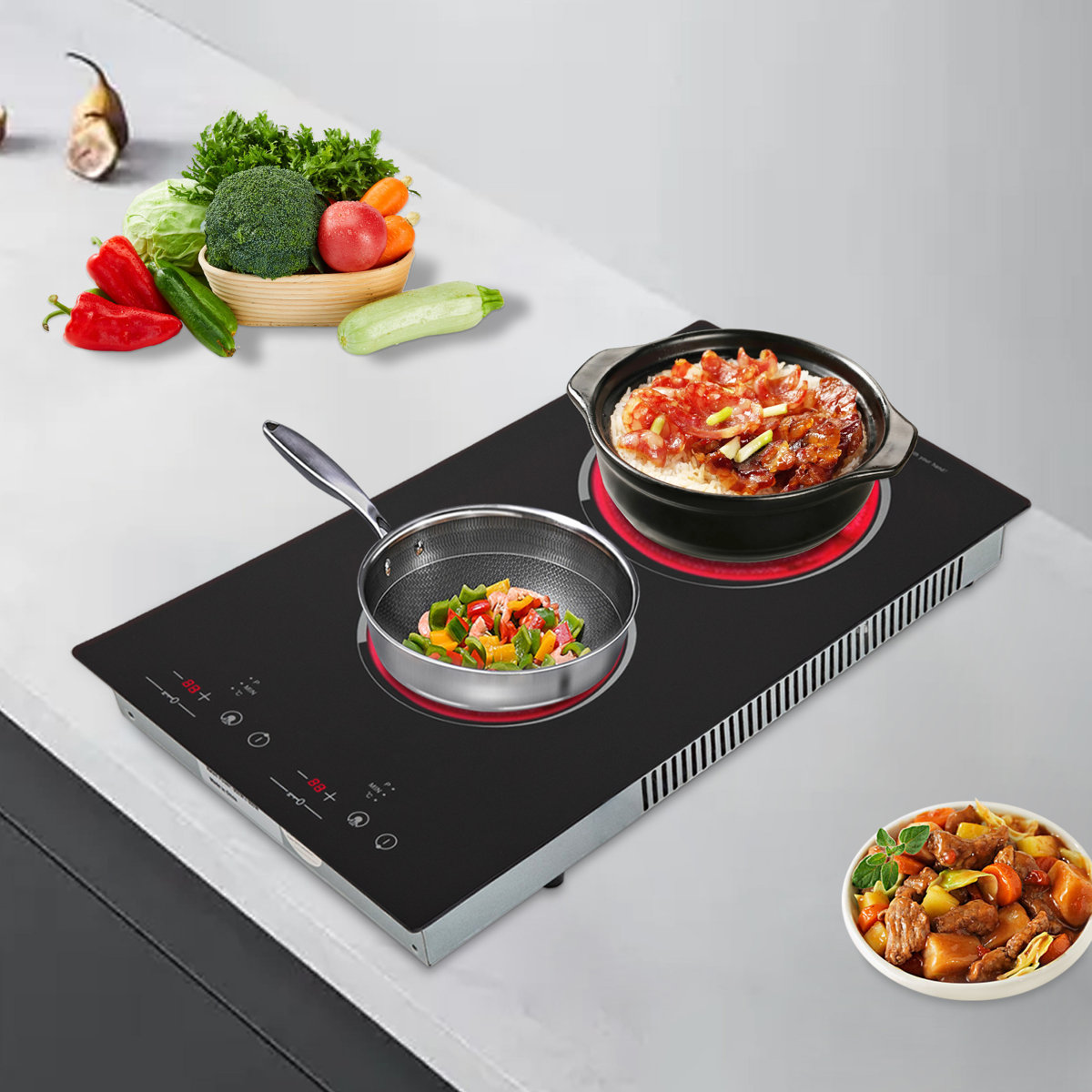 OUKANING 1500 Watt Double Burner Electric Ceramic Cooktop Touch Control ...