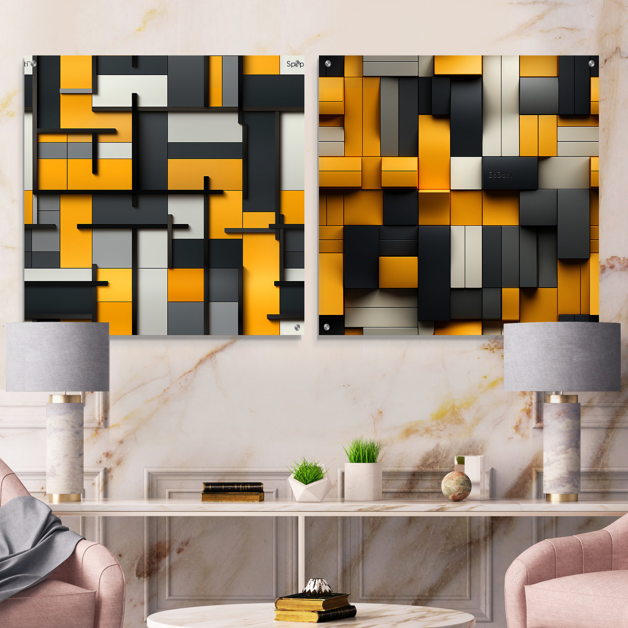Design Art Yellow And Grey Geometric Blocks Harmony - Abstract ...