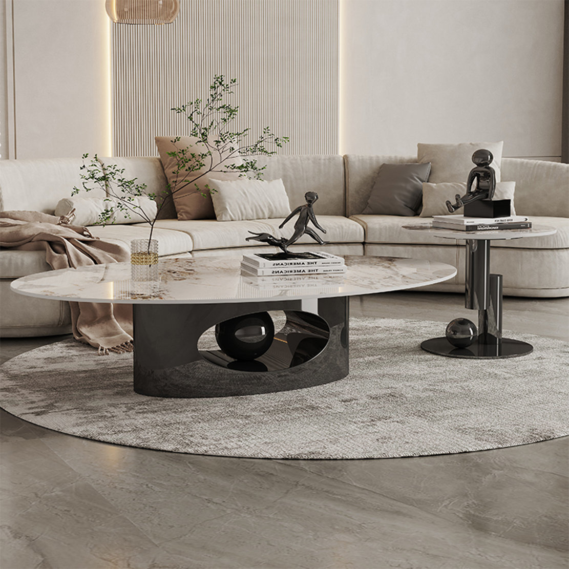 Wu's StylishVault Light luxury simple oval rock panel coffee table ...