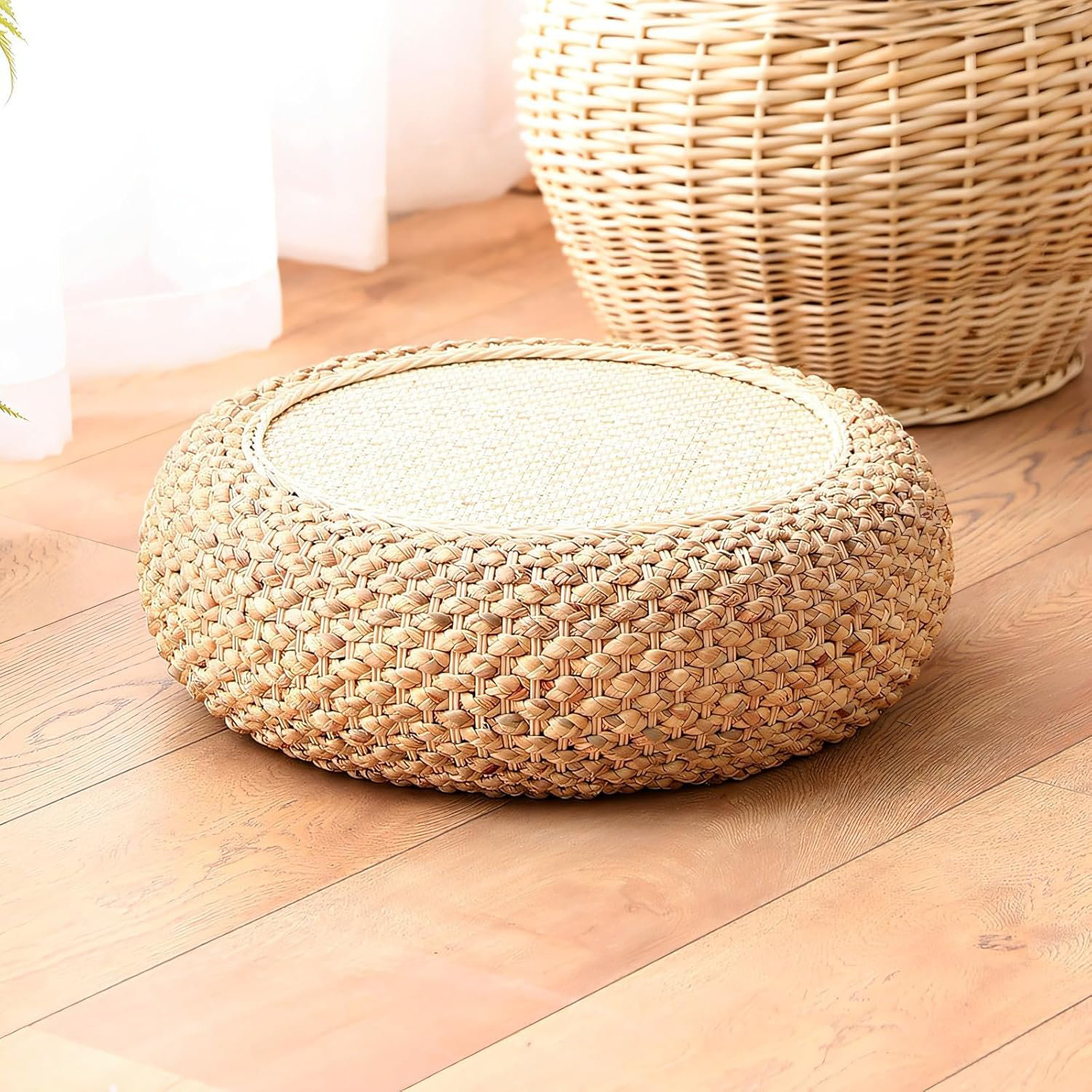 Highland Dunes Round Woven Ottoman Natural Seat Cushion Boho Handmade ...