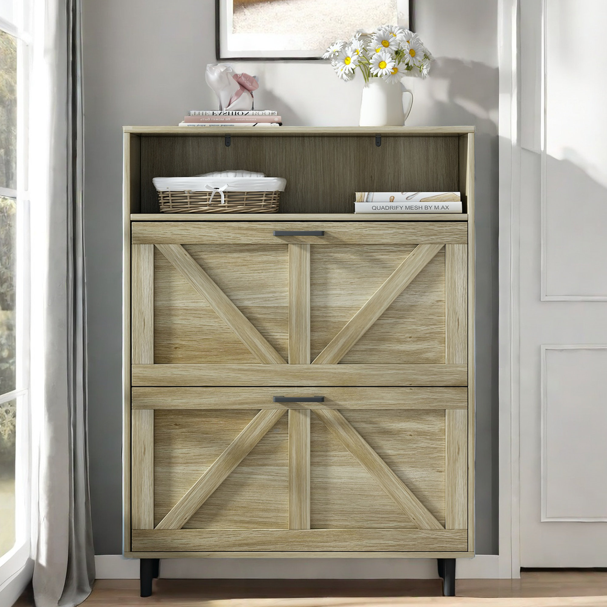 Gracie Oaks Farmhouse Shoe Cabinet With Barn Door Design, Narrow Shoe ...