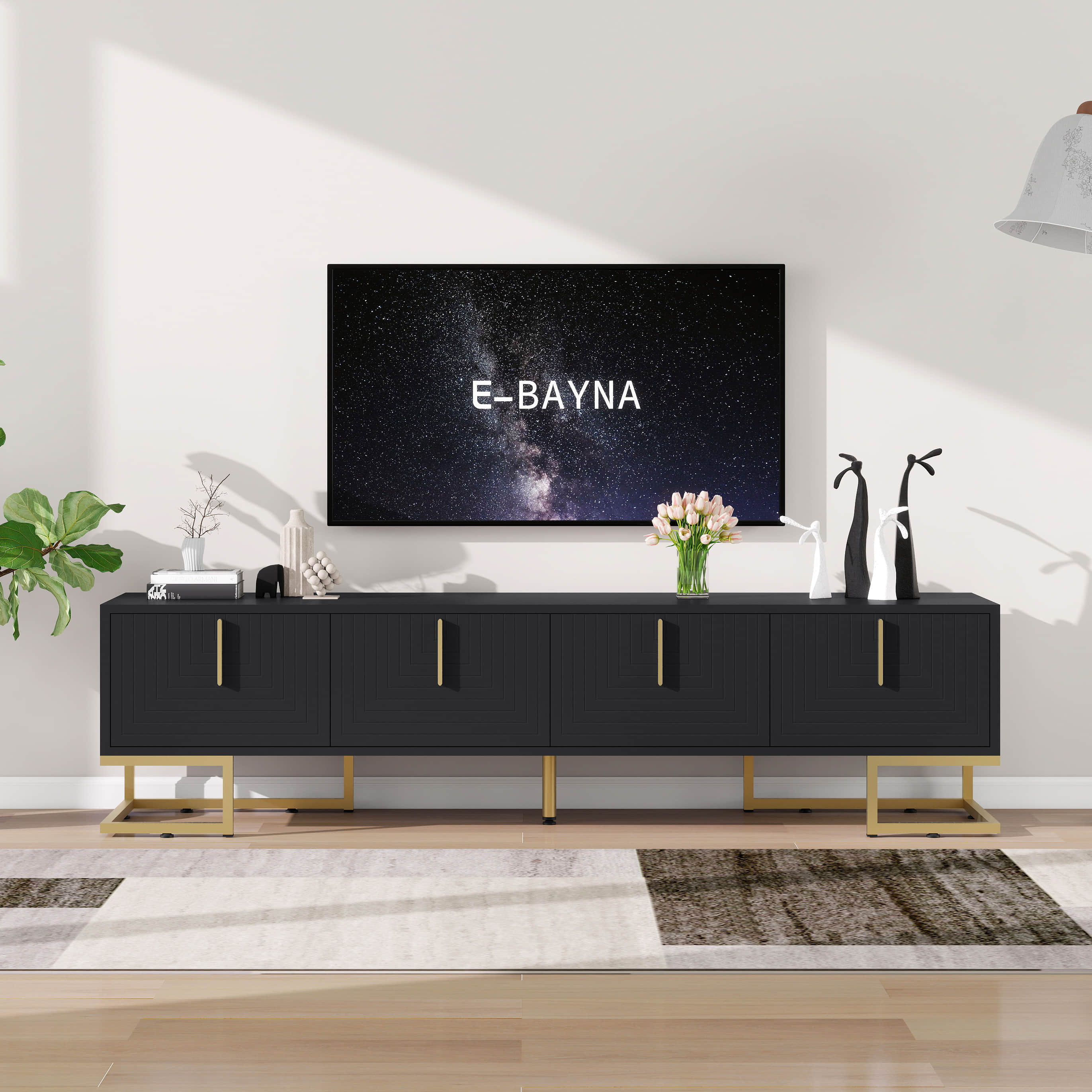 Mercer41 Modern TV Stand With Metal Legs, Gold Handles, Geometric Lines ...