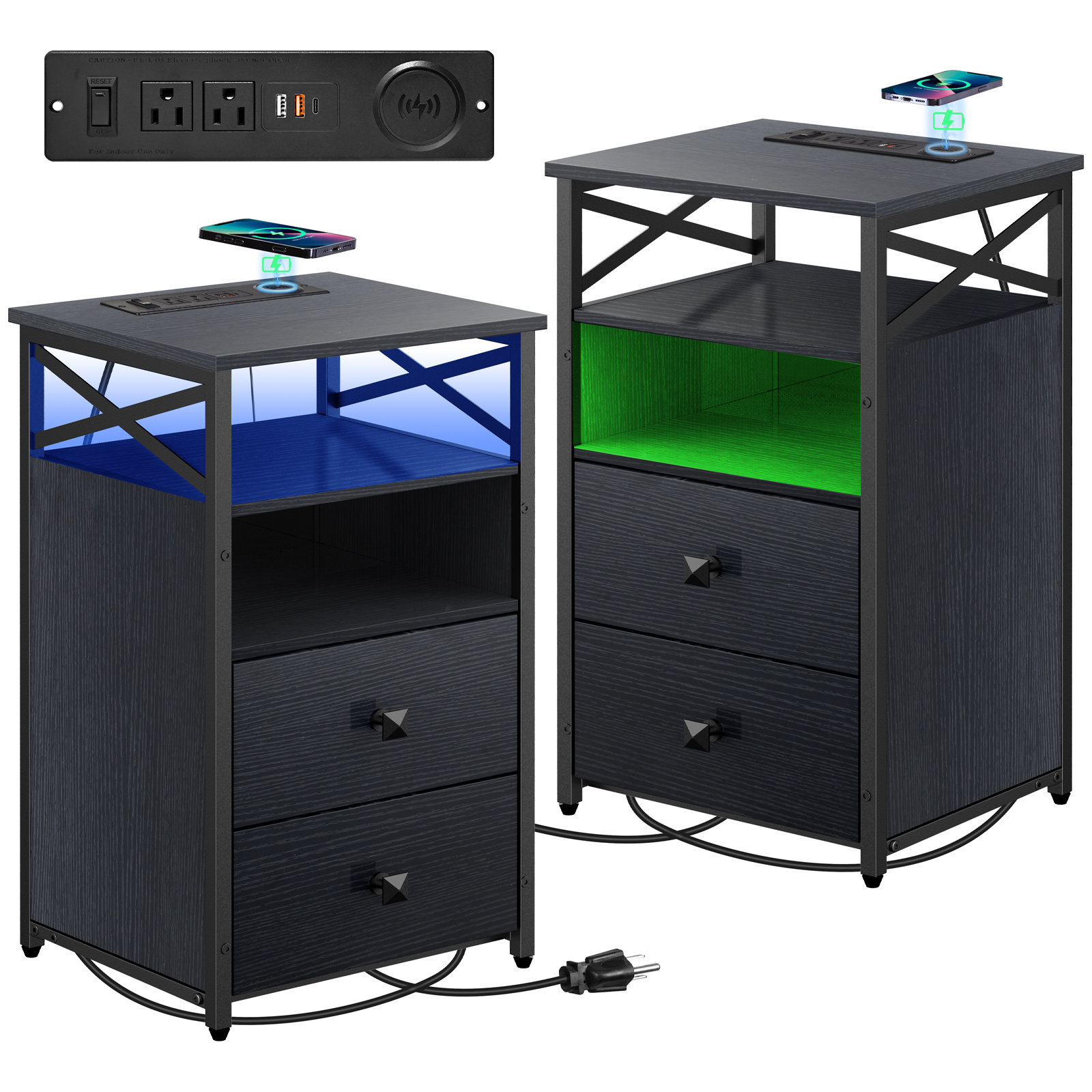 Livofloral LED Night Stand Wireless Charging and Wood Drawers, Charging ...